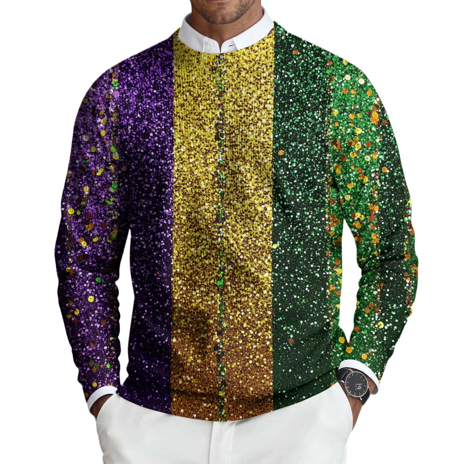 Havenx Mens Ribbed Knit Shirt Crew Neck Carnival Printed Sweaters Long ...