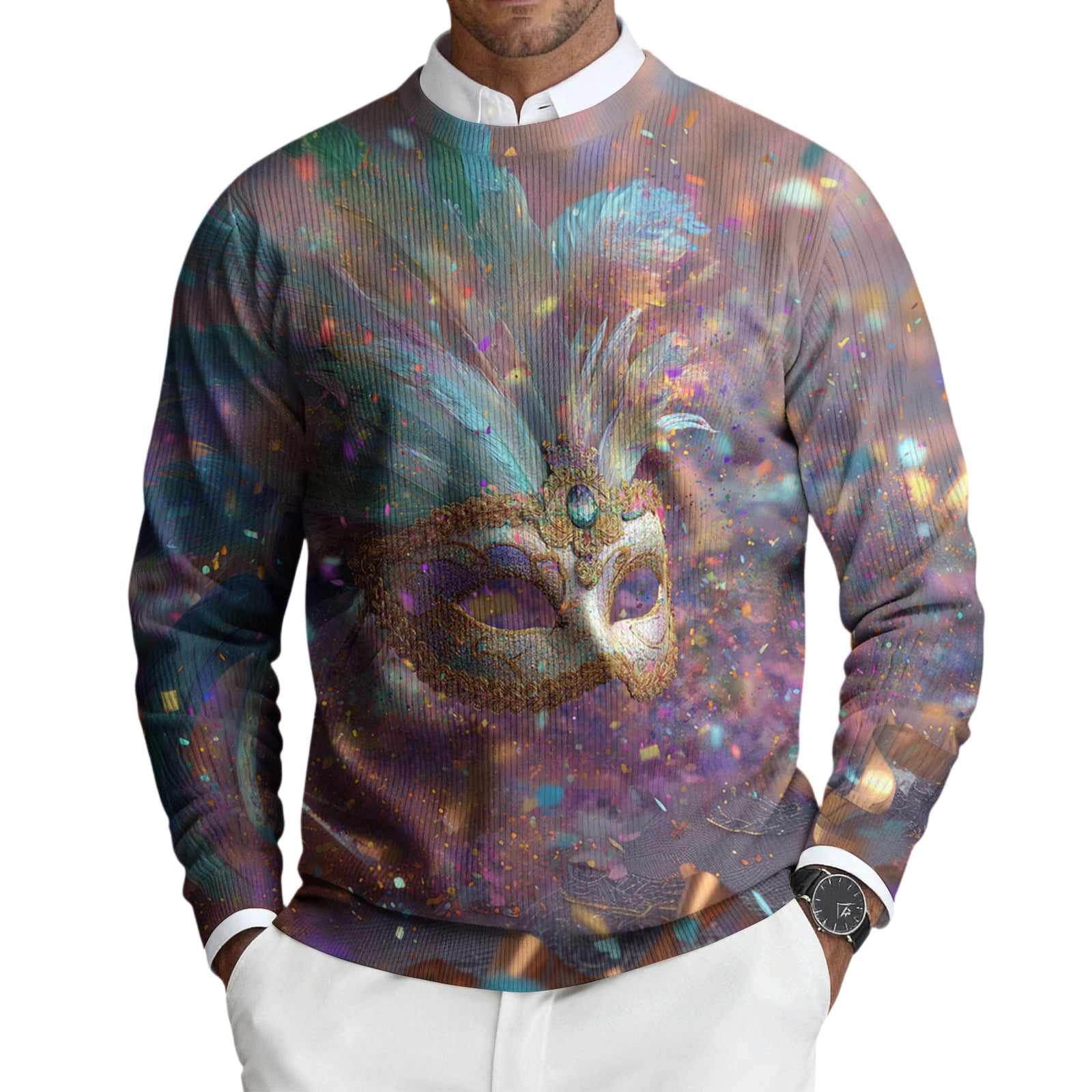 Havenx Mens Ribbed Knit Shirt Crewneck Carnival Printed Pullover ...