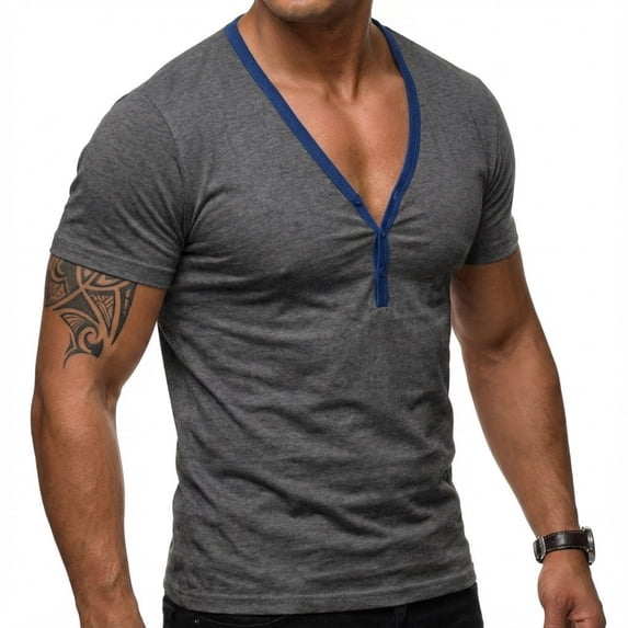 Havenx Muscle V Neck Shirts for Men Short Sleeve Button Tshirt Low Cut ...