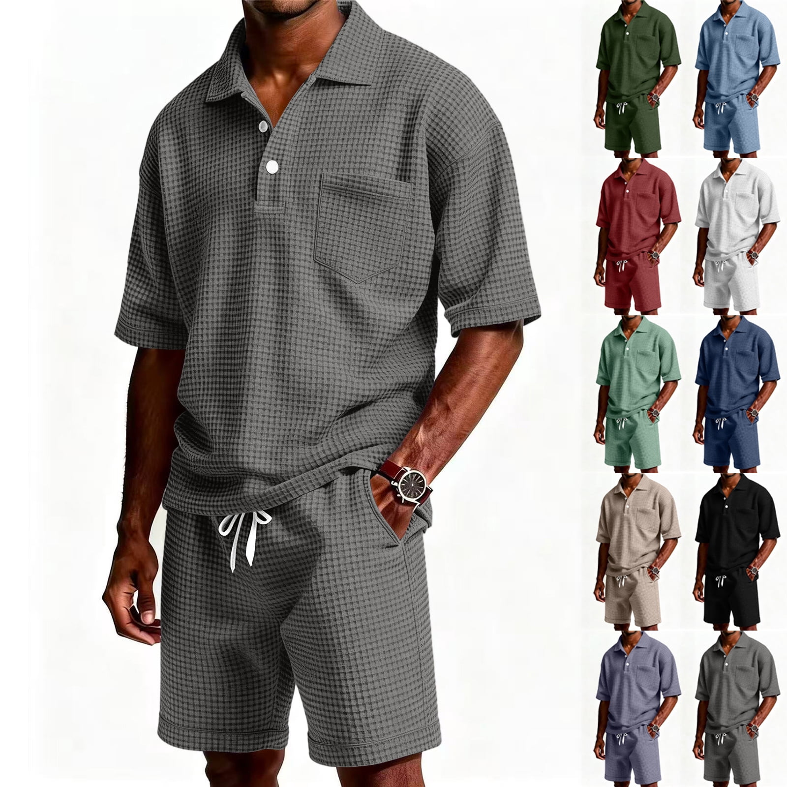 Havenx Waffle Short Sets for Men Short Sleeve Button Down Outfit with ...