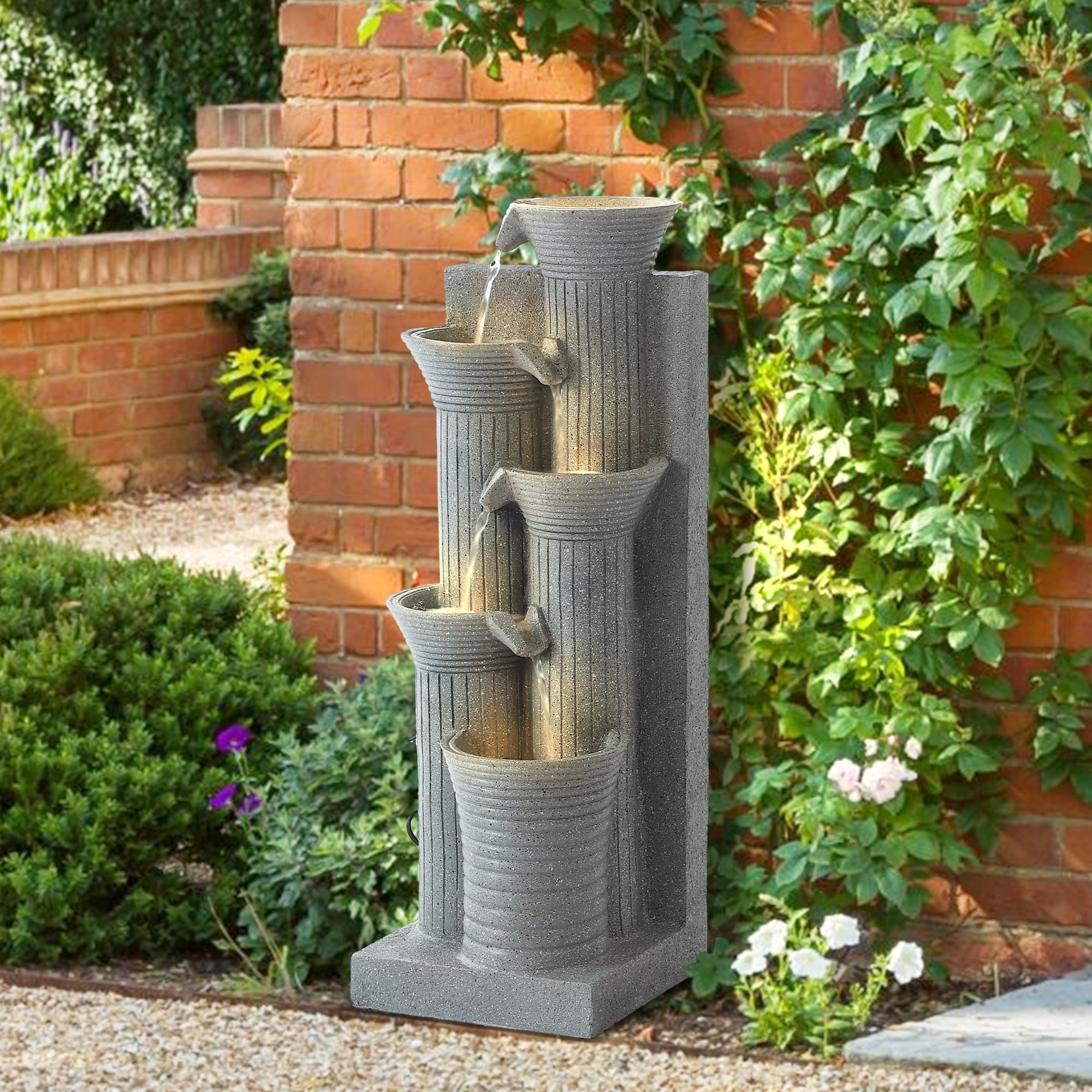 Haverchair 24" Outdoor Water Fountain with LED Lights, 5-Tier Bamboo ...
