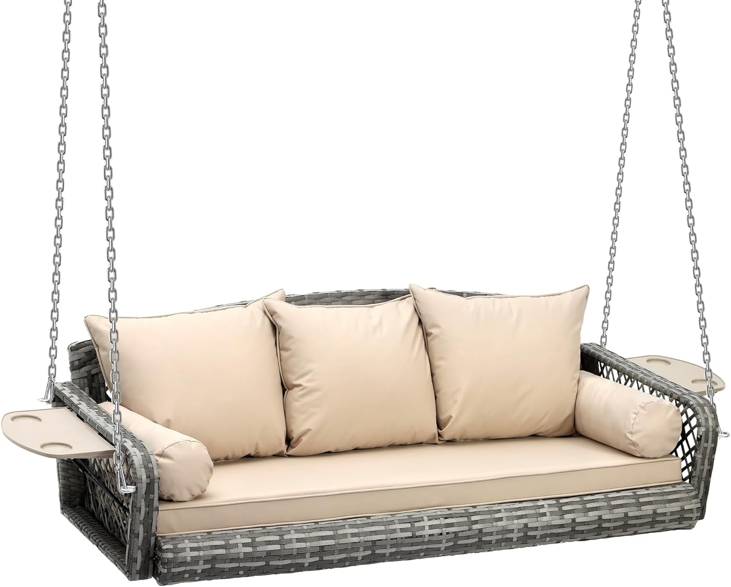 Haverchair 3-Seater Wicker Porch Swing with Cushions, Gray Rattan Outdoor Hanging Bench ...