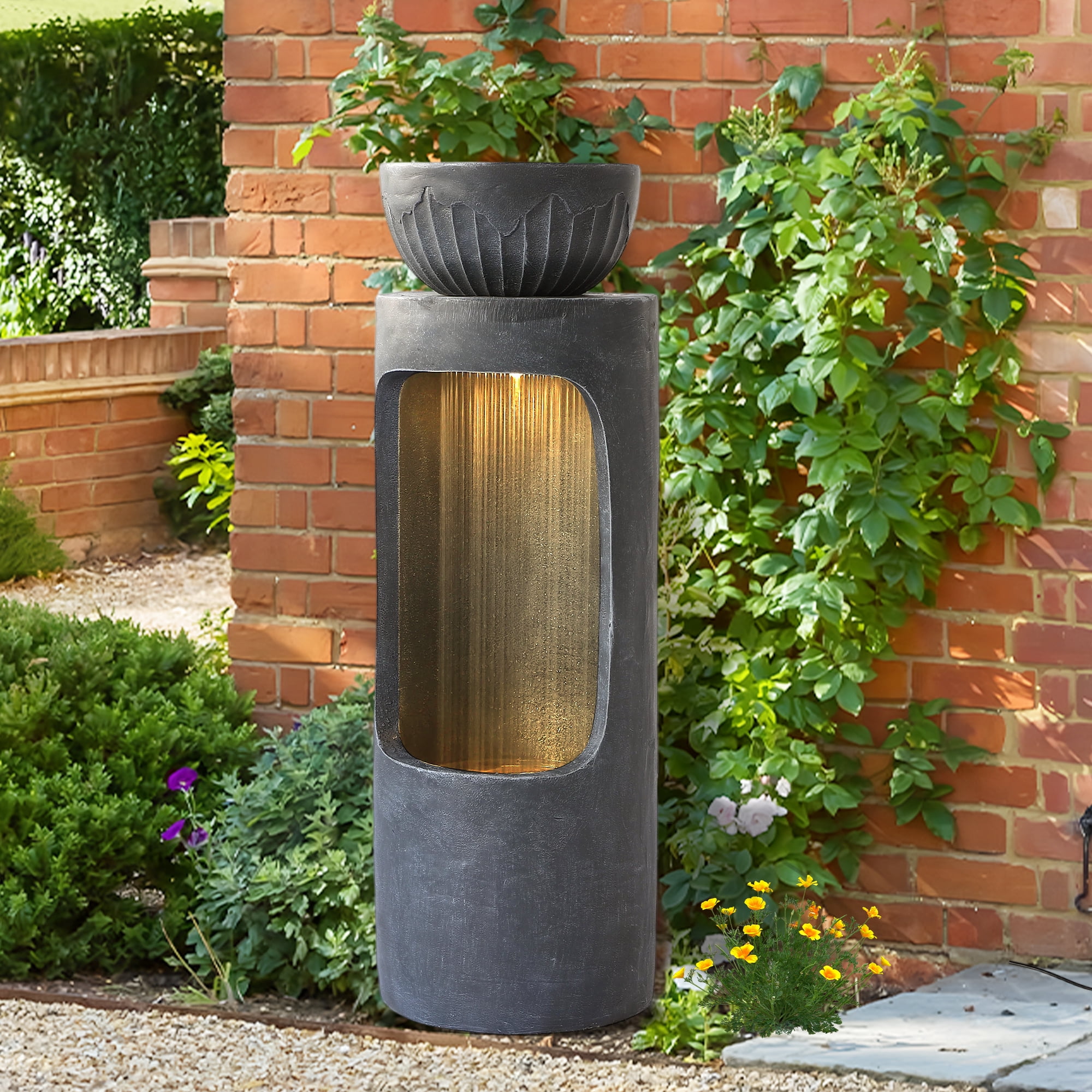 Haverchair 37.2''H Outdoor Water Fountain with LED Light, Large Column ...