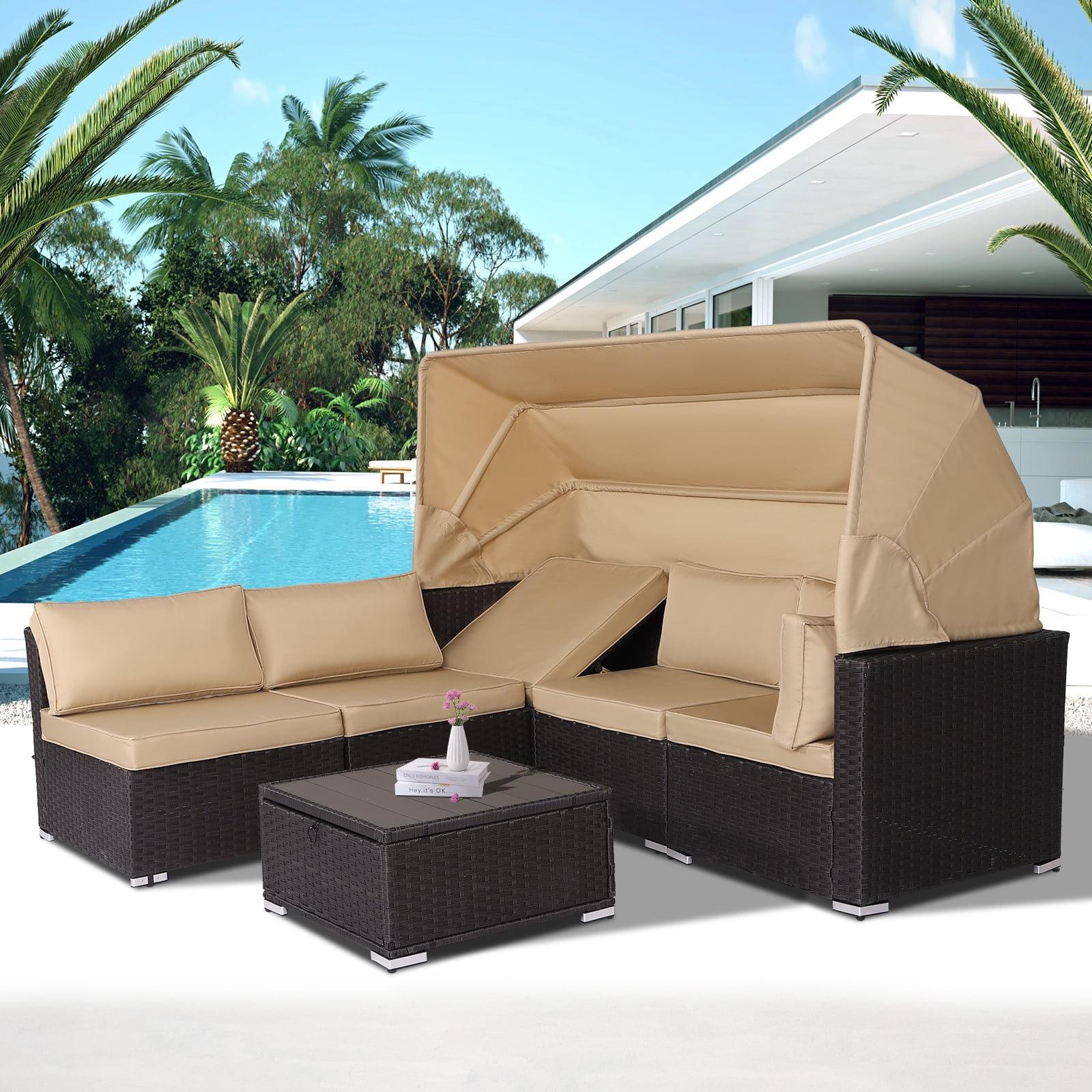 Haverchair 6-Piece Outdoor Rattan Daybed with Canopy, Adjustable Sofa ...