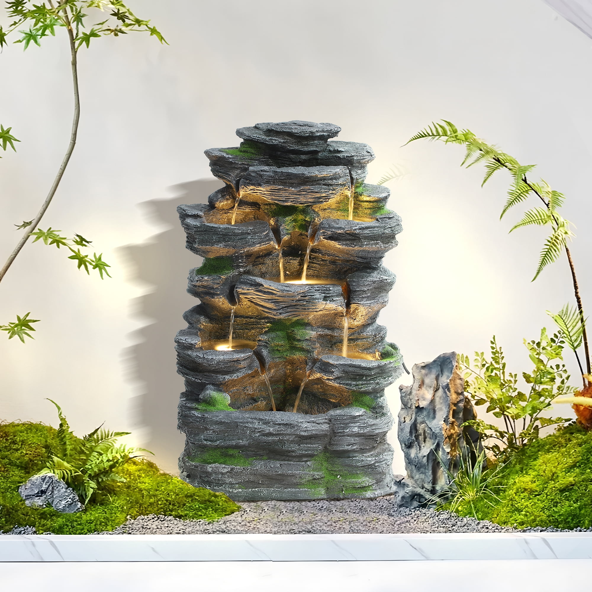 Haverchair 7 Tier Cascading Rock Outdoor Water Fountain, Garden ...