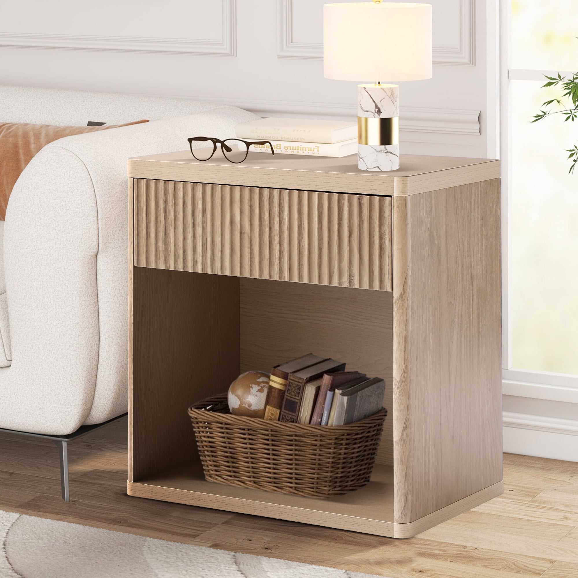 Haverchair Fluted Night Stand, Nightstands with Drawer Storage, Modern Mid Century Bed Side ...