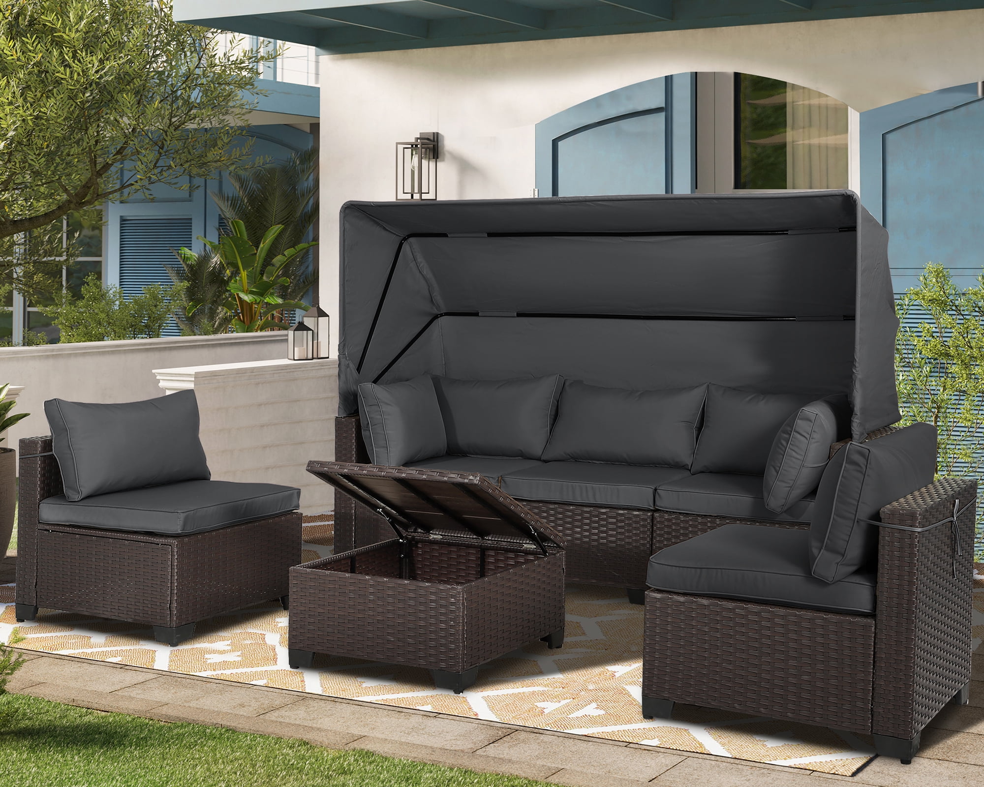 Haverchair Rattan 6-Pc Patio Set - Convertible Daybed with Canopy, Adjustable Backrest & Storage ...