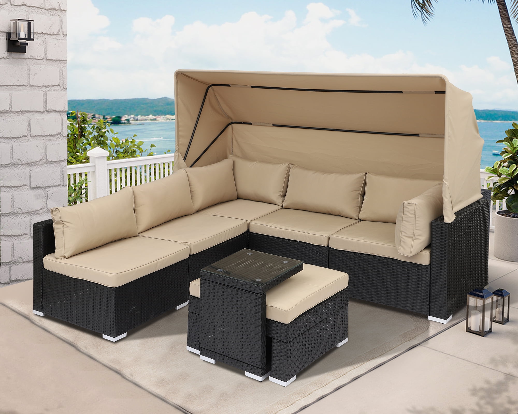 Haverchair Rattan 7-Pc Outdoor Set with Retractable Canopy, Adjustable ...