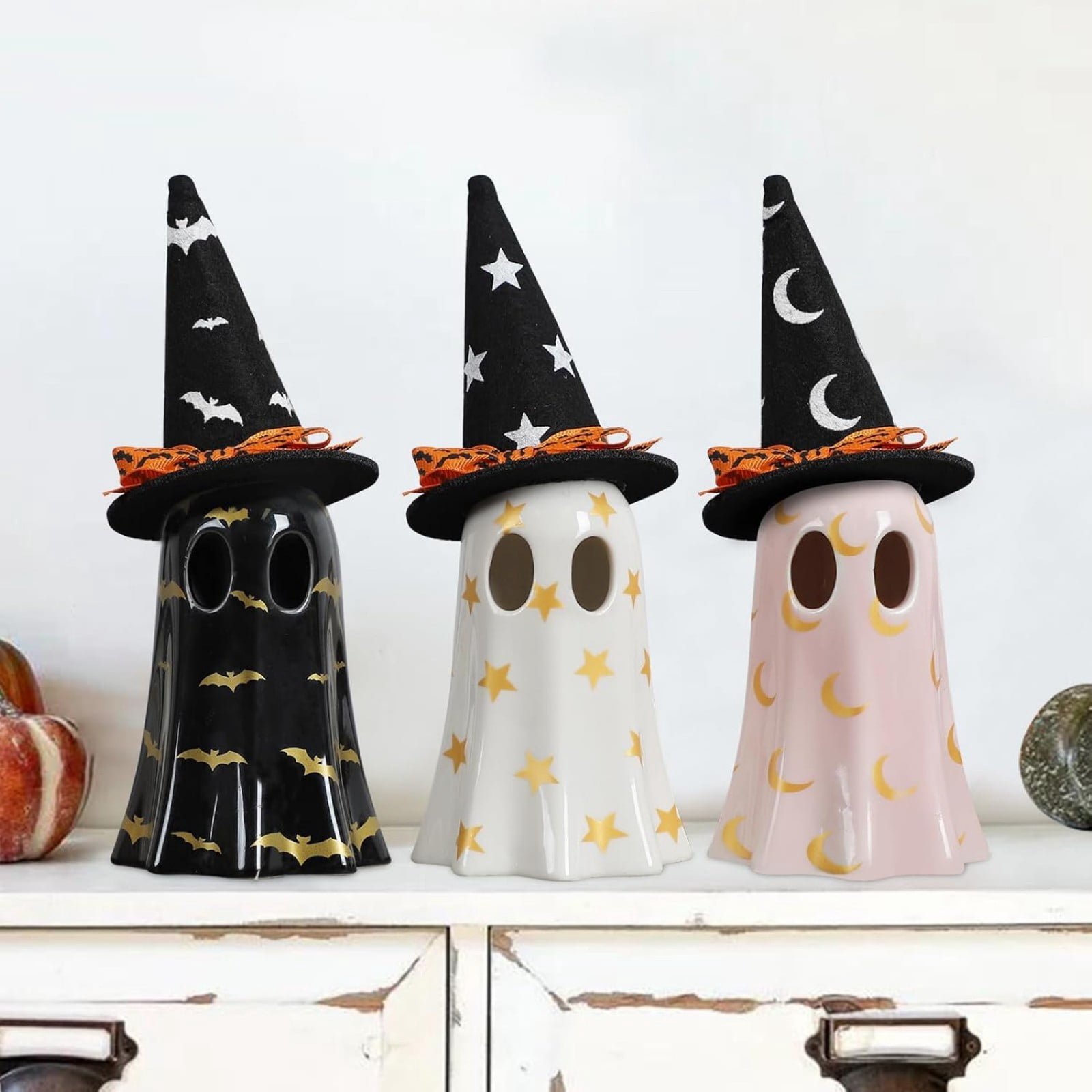 Havghivg Set of 3 Resin Ghosts with Witch Hats: Halloween Decorations ...