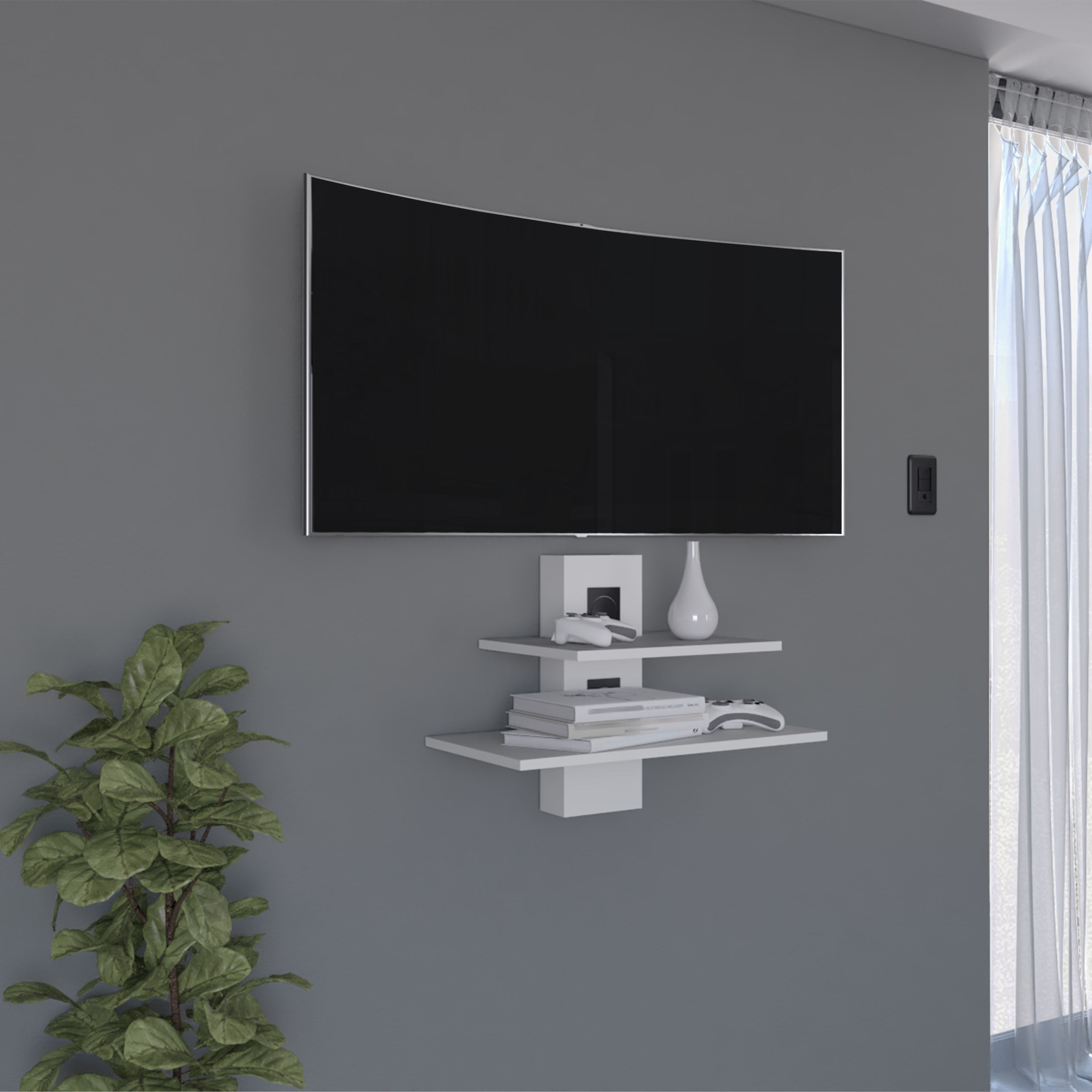 Havre Floating Shelf,Dual-Shelf Wall Unit with Cable Management,White ...