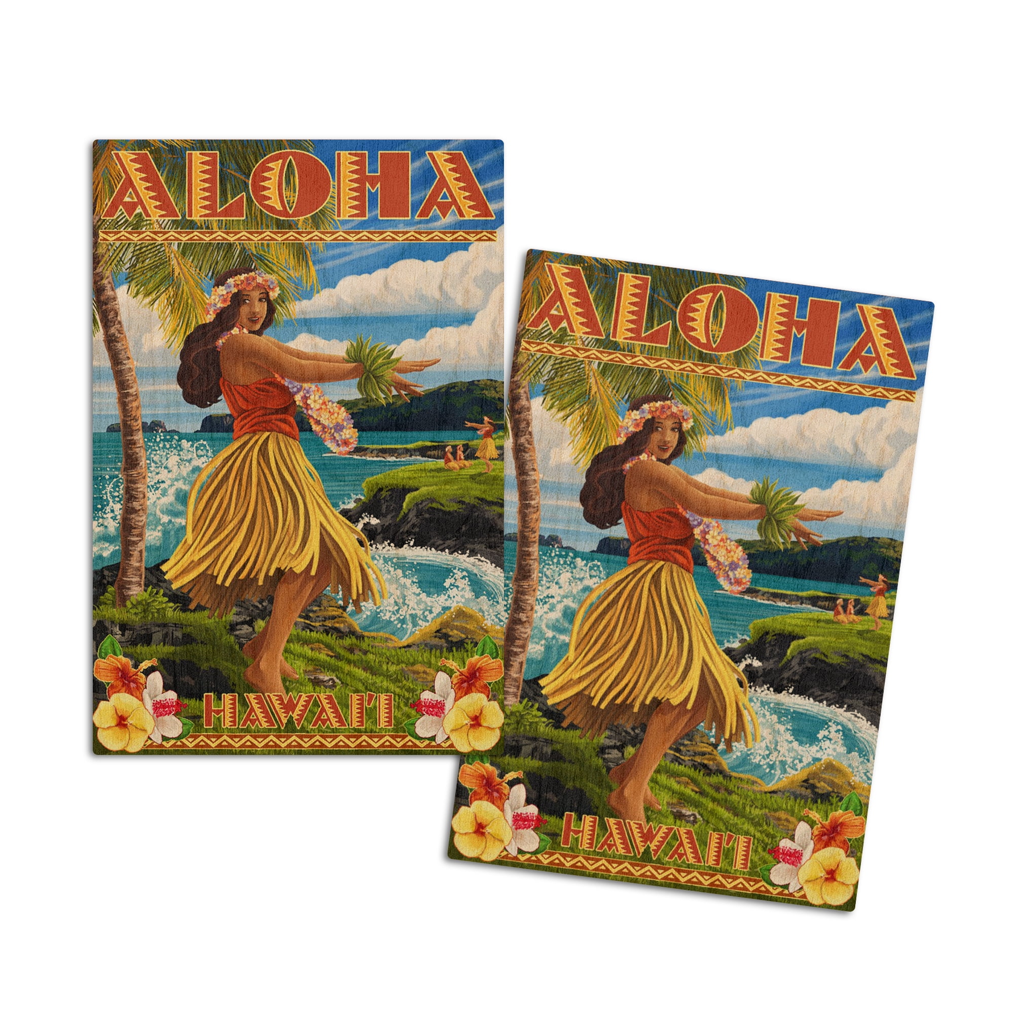 Hawaii, Aloha, Hula Girl on Coast (Flower Border) (4x6 Birch Wood ...