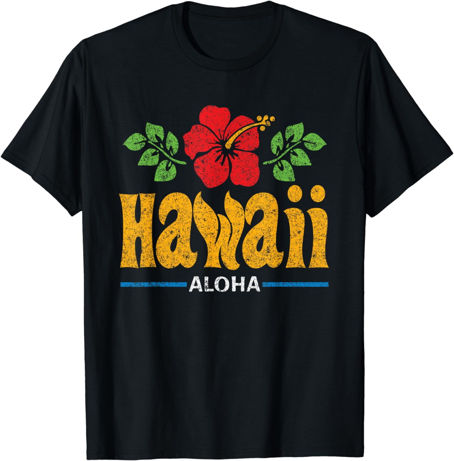 Hawaii Aloha Red Flower with Amber Text Distressed Print T-Shirt ...
