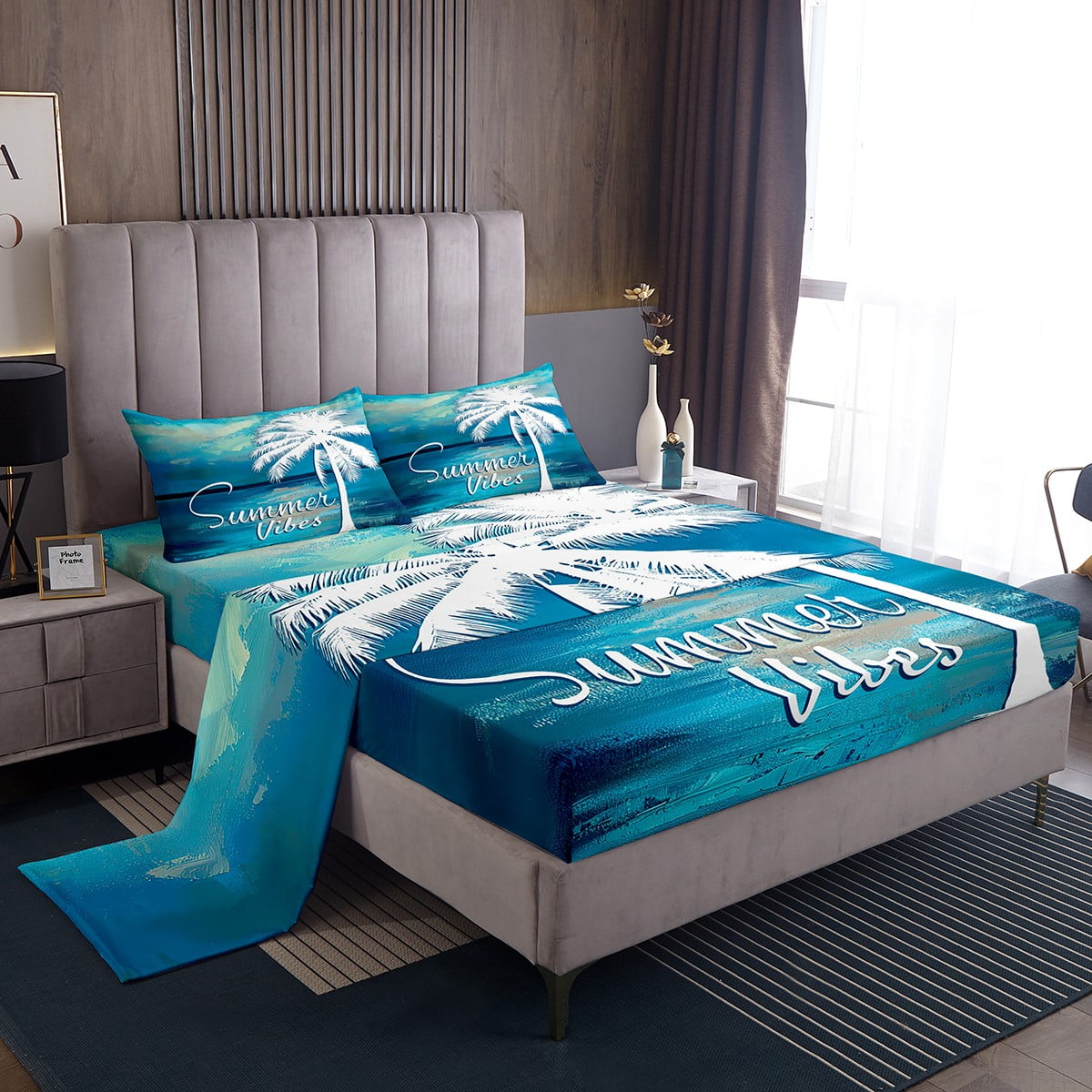 Hawaii Beach Bed Sheets Set Tropical Palm Tree King Sheet Set ,Blue ...