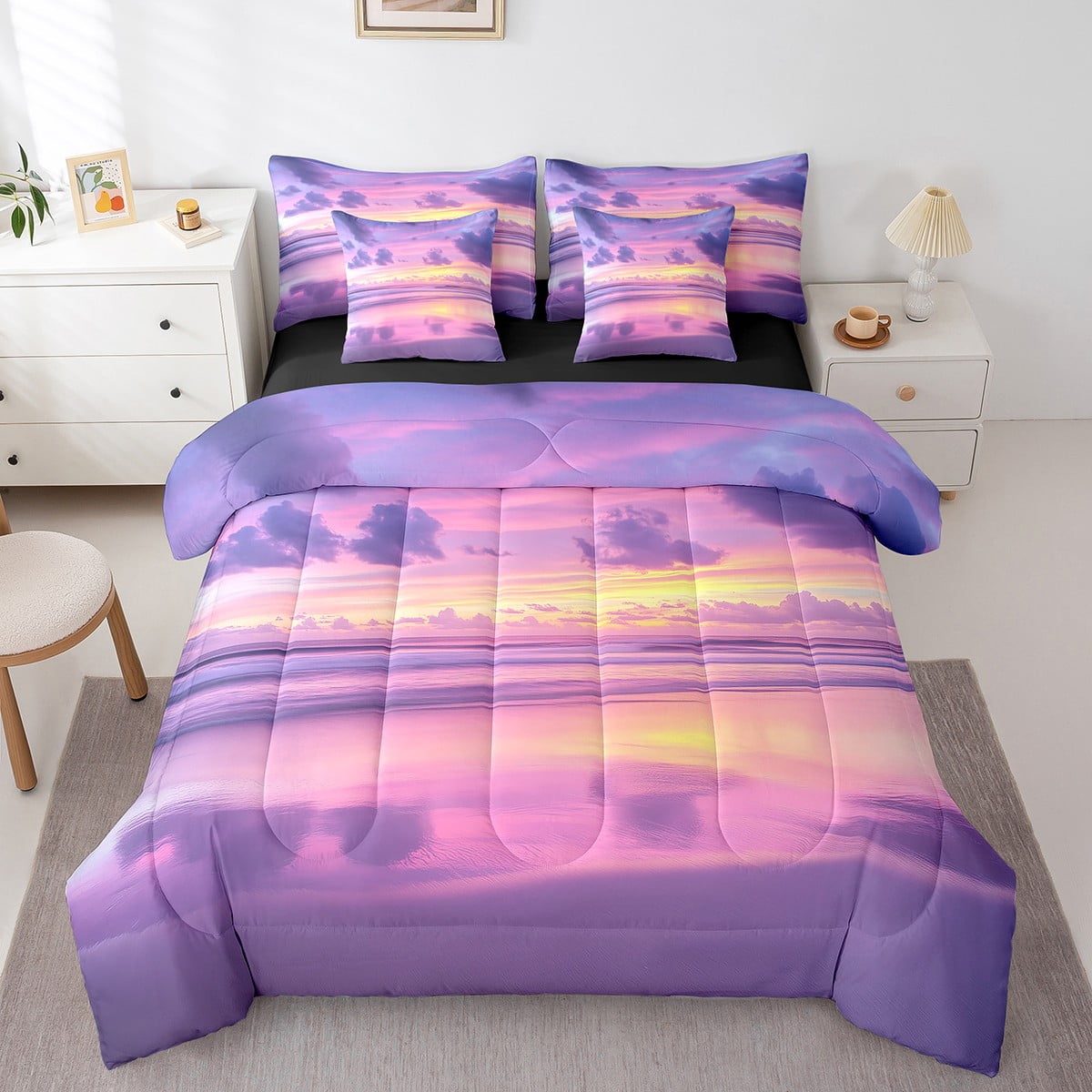 Hawaii Beach Comforter Set 7 Piece Bed in a Bag Twin,Rosy Clouds Bedding Sets Coastal Sunset ...