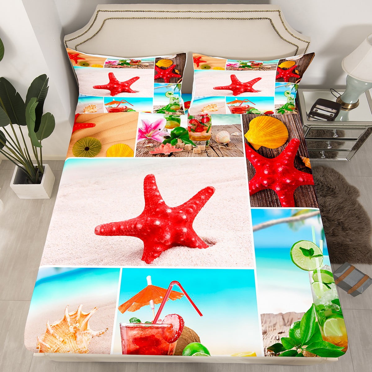 Hawaii Beach Decor Fitted Sheet Patchwork Red Starfish Bed Sheets for ...
