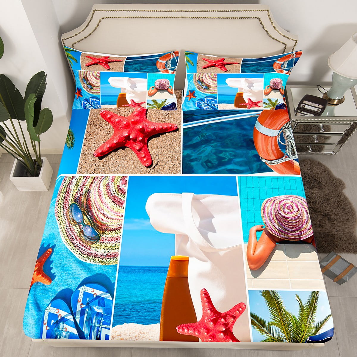 Hawaii Beach Decor Fitted Sheet Patchwork Red Starfish Bed Sheets for Women Adults,Blue Ocean ...