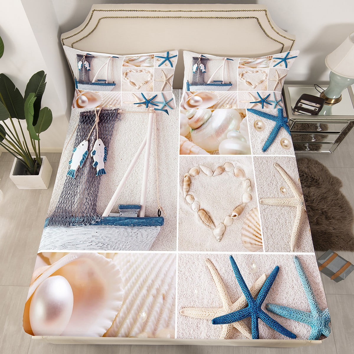 Hawaii Beach Decor Fitted Sheet Patchwork Starfish Bed Sheets for Women ...