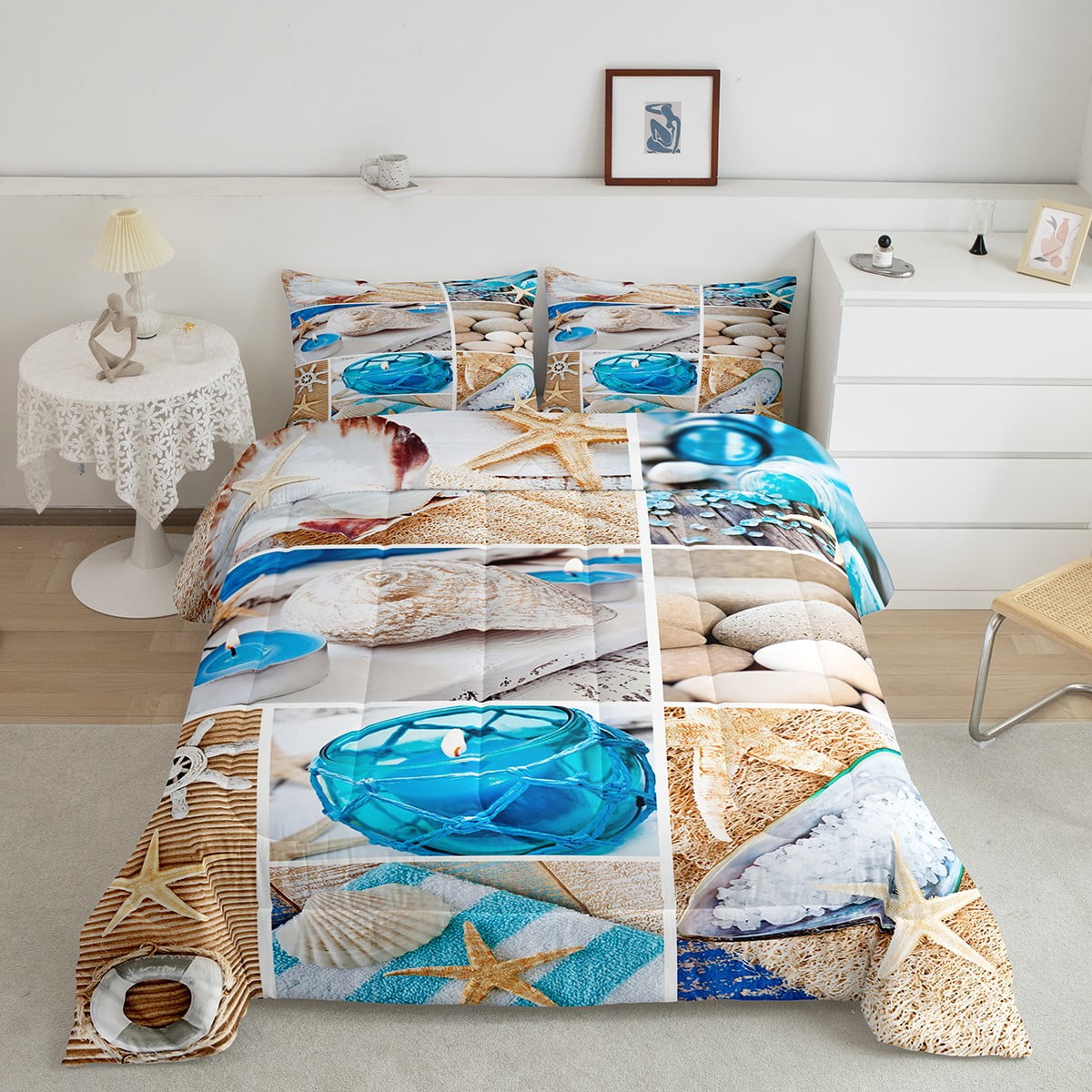 Hawaii Beach Decor Queen Comforter Set Patchwork Starfish Bedding Set ...