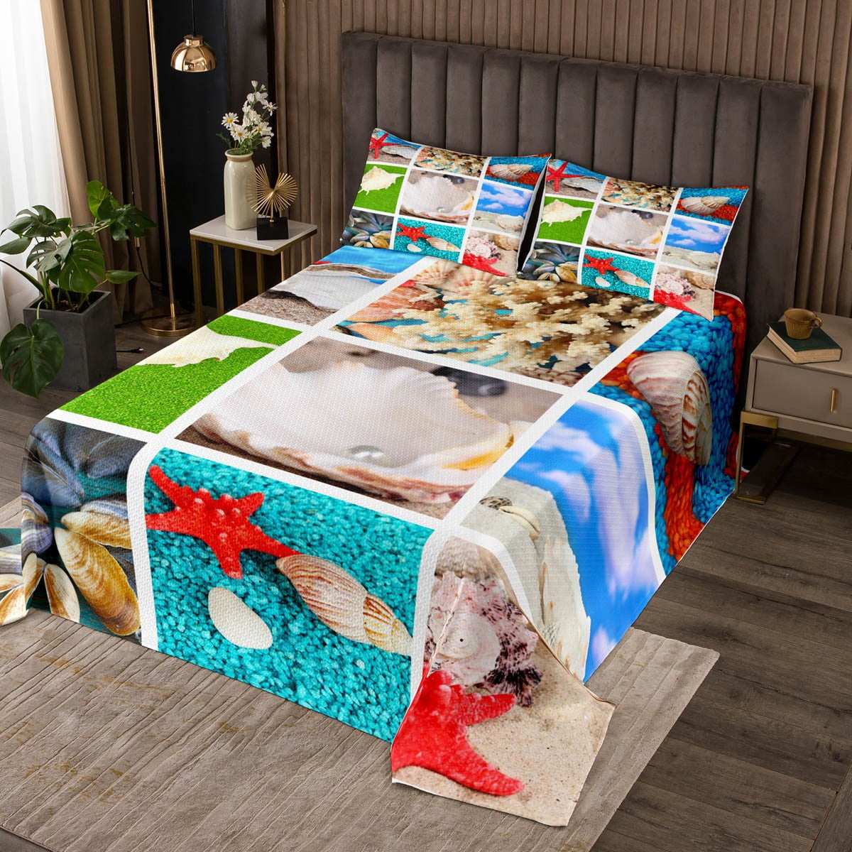 Hawaii Beach Decor Quilt Set Patchwork Red Starfish Bedspread Set for ...