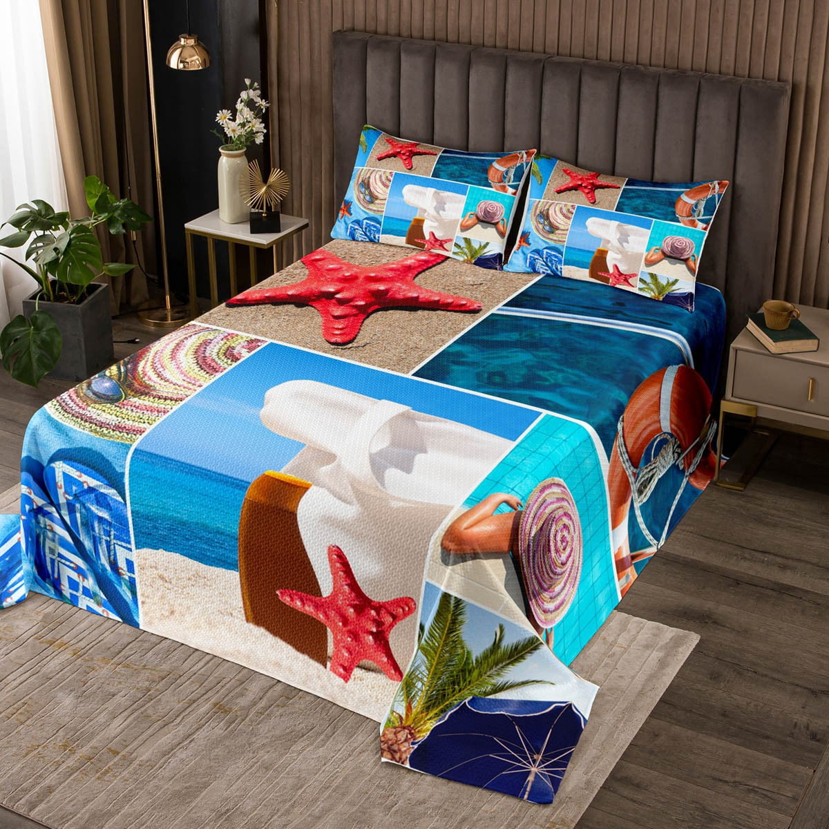Hawaii Beach Decor Quilt Set Patchwork Red Starfish Bedspread Set for ...