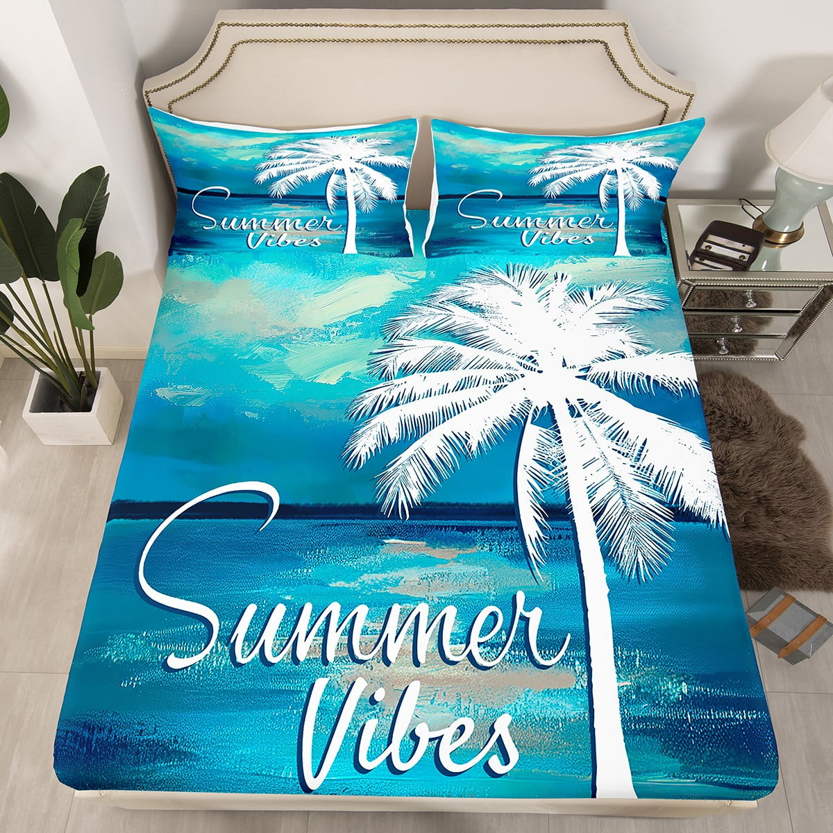Hawaii Beach Fitted Sheet Tropical Palm Tree Bed Sheets Full,Blue Ocean ...