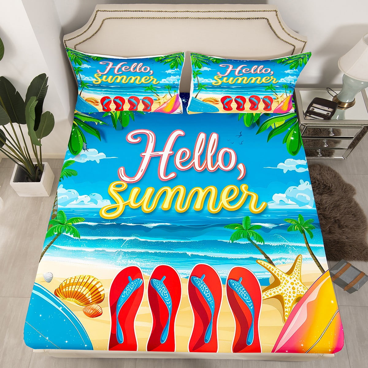 Hawaii Beach Fitted Sheet TropicalBed Sheets Full,Palm Leaves Sheets ...