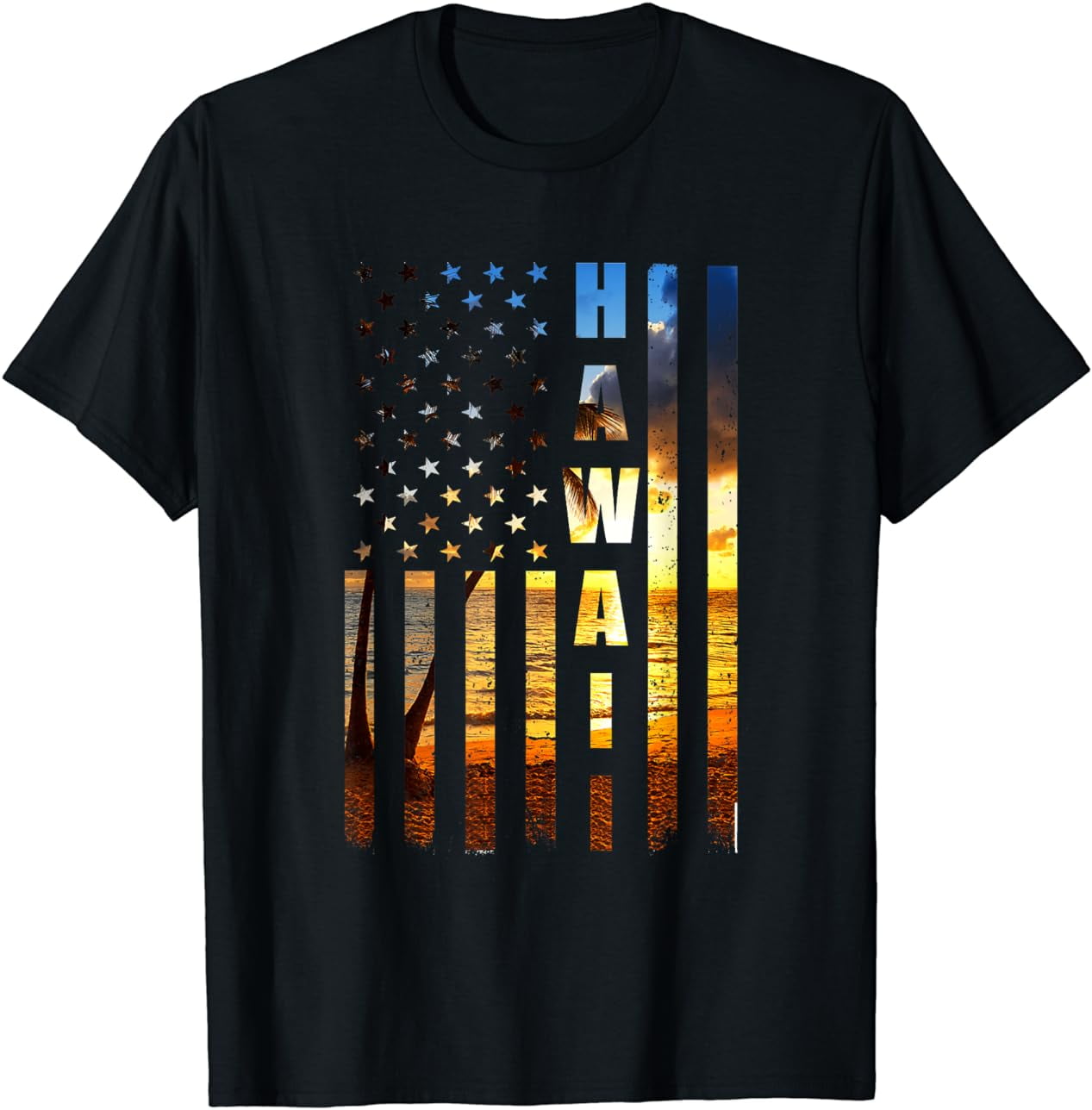 Hawaii Beach Sunset American Flag Hawaiian Island Trip T-Shirt ...