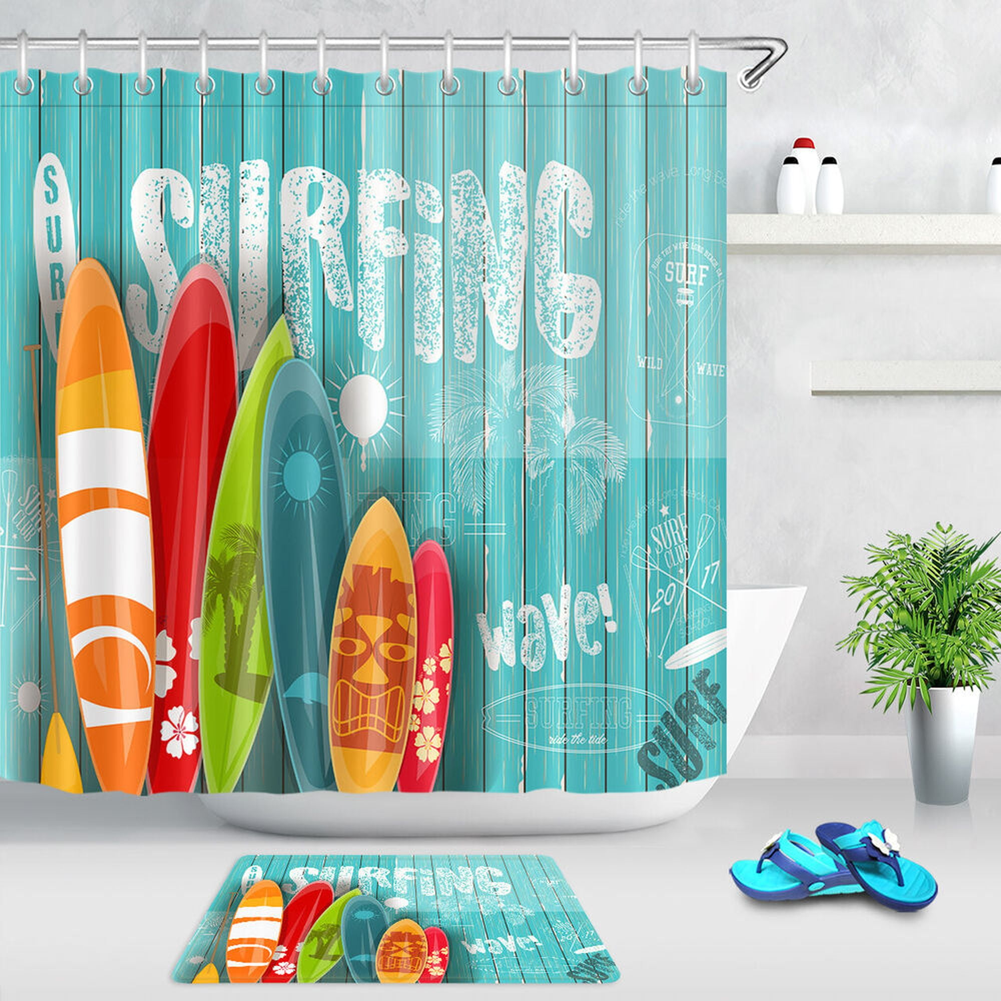 Hawaii Beach Surfboard Shower Curtain Rustic Blue Wood Wall Bathroom ...