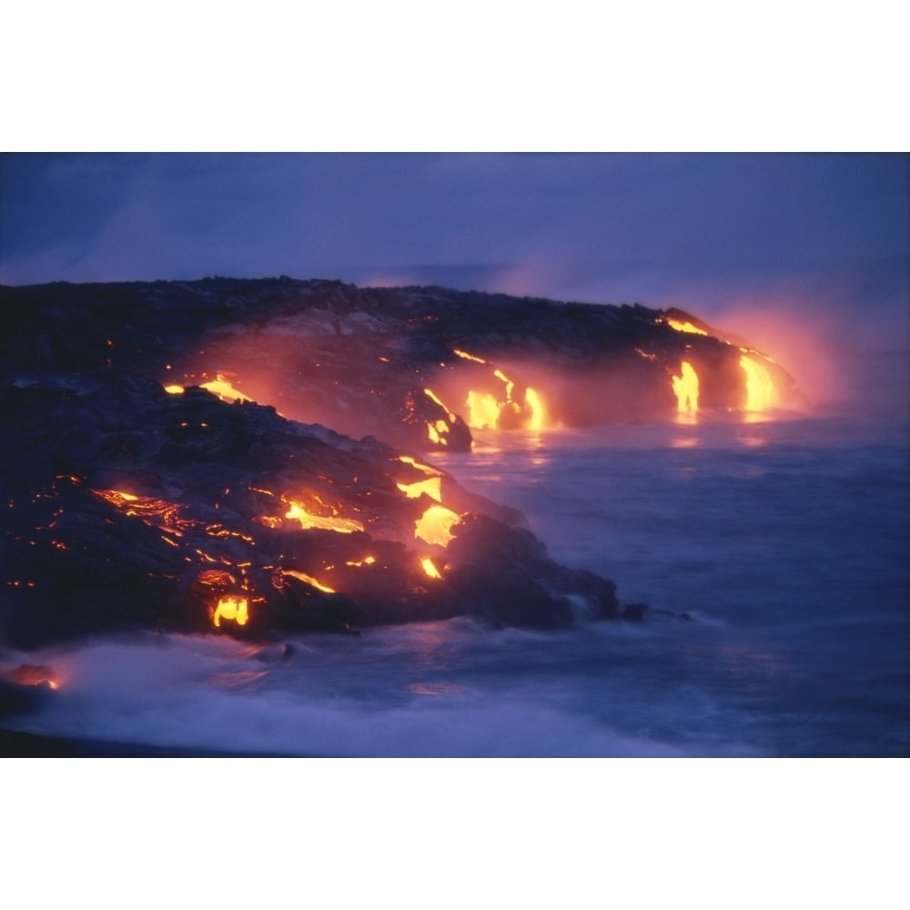 Hawaii Big Island Hawaii Volcanoes National Park Lava Flow Action Into Ocean Twilight A27D ...