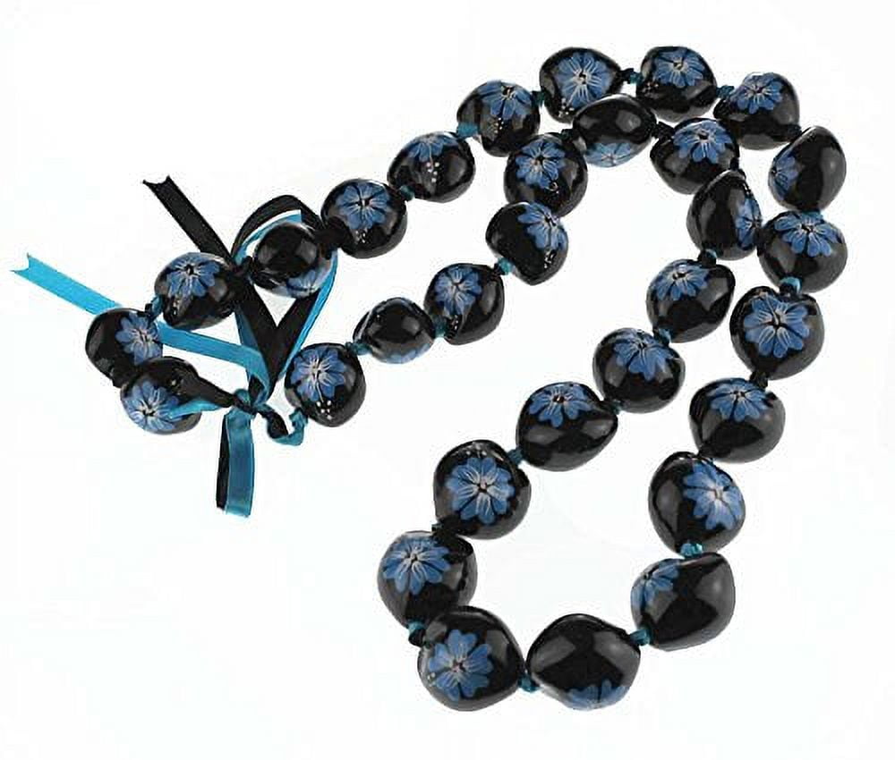 Hawaii Black Kukui Nut Leis with Flower Necklace 30 Inches (Black with ...