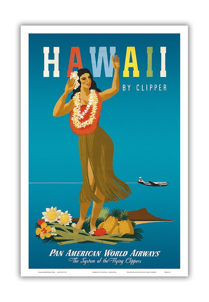 Hawaii By Clipper - Hawaiian Hula Girl - Vintage Airline Travel Poster ...