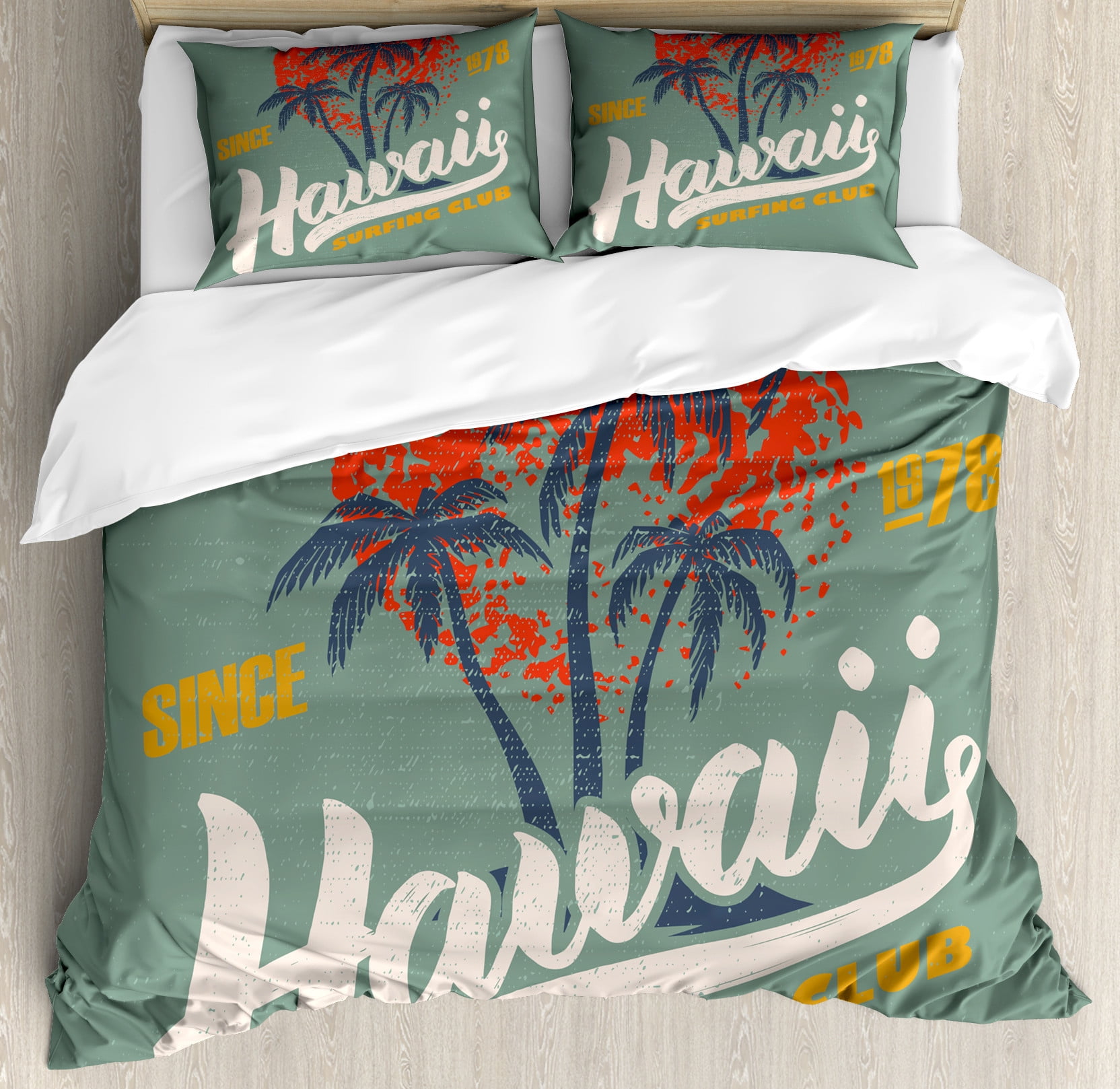 Hawaii Duvet Cover Set, Surfing Water Sport Palm Tree Orange Sun ...