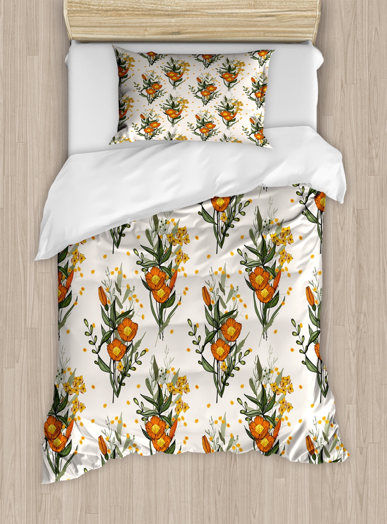 Hawaii Duvet Cover Set, Vintage Tropic Flower Leaves California Poppy ...
