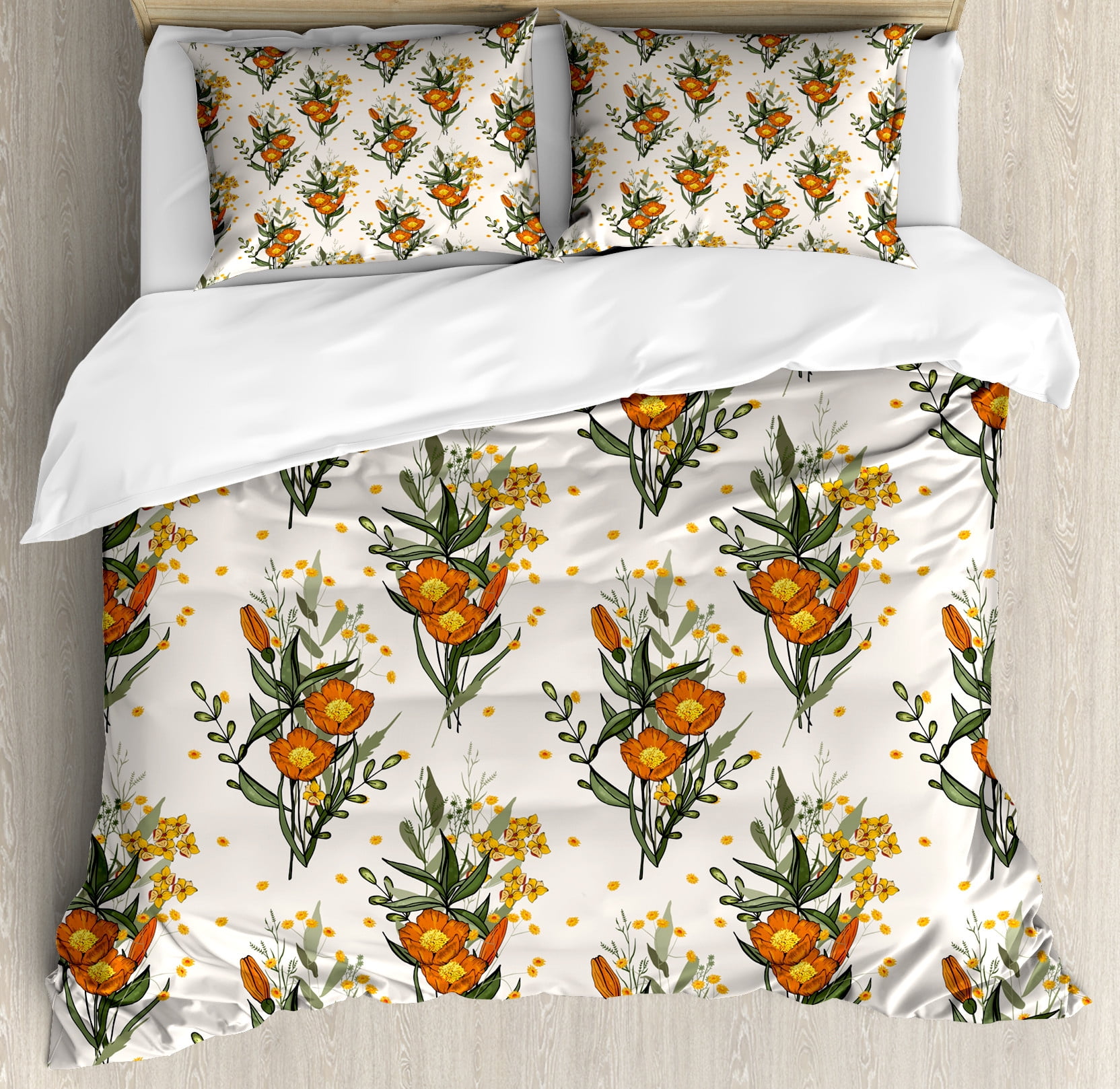 Hawaii Duvet Cover Set, Vintage Tropic Flower Leaves California Poppy ...