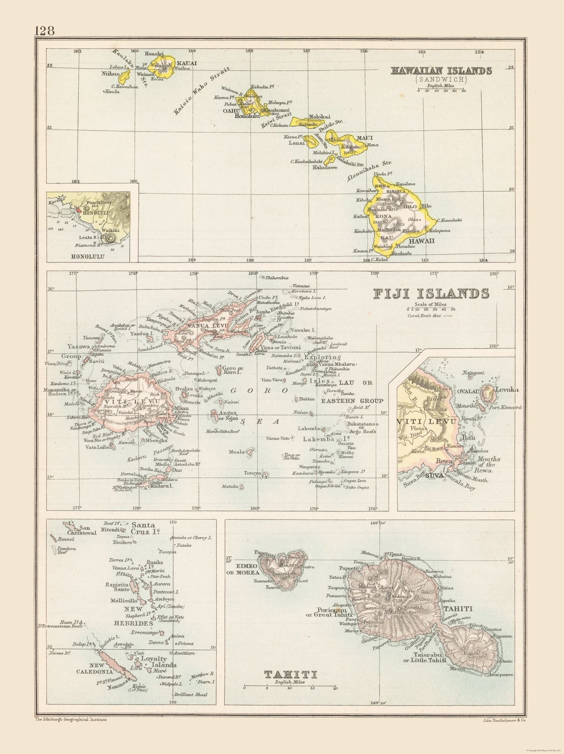 Historic Map - Hawaii Fiji Tahiti - Bartholomew 1892 - 23 x 30.74 ...