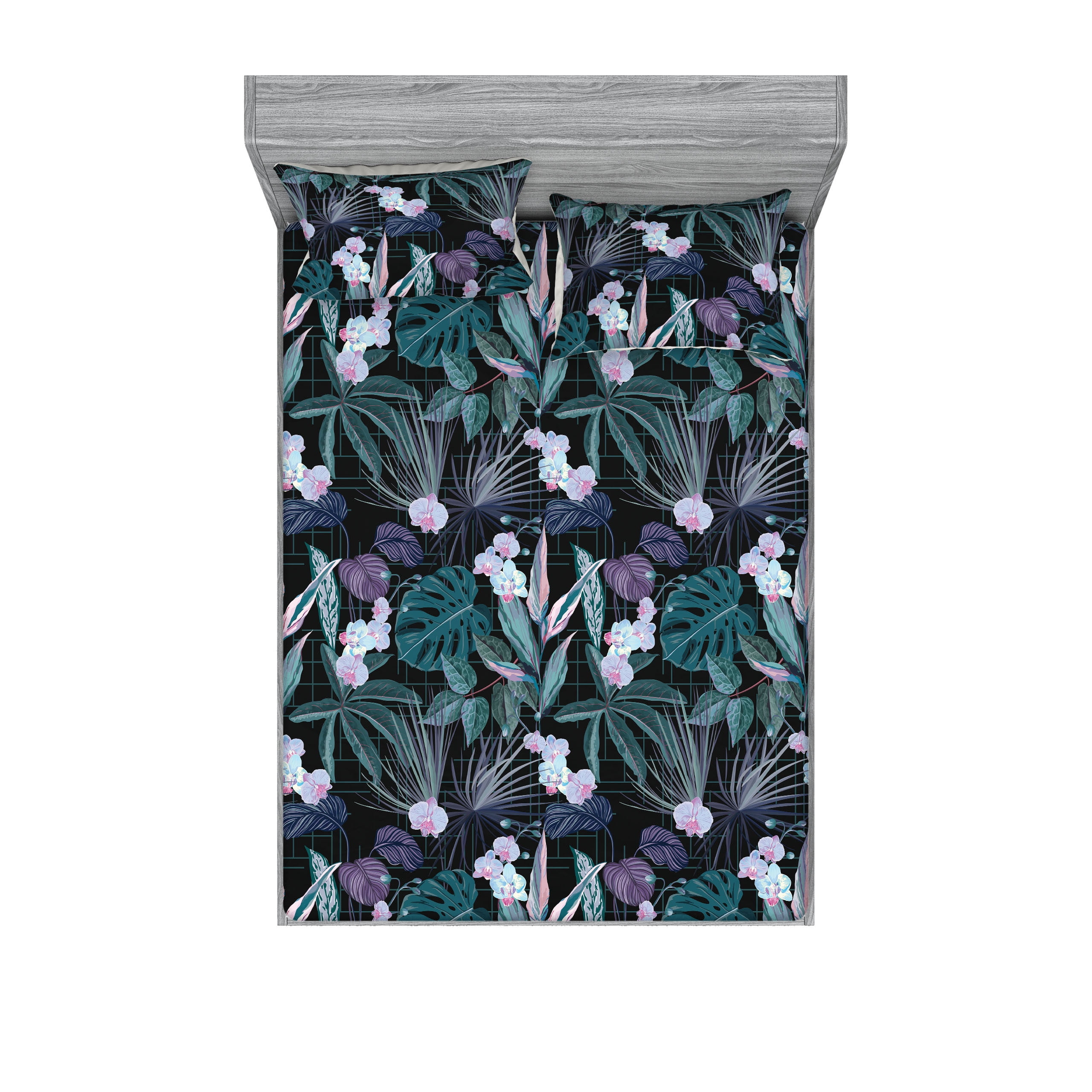 Hawaii Fitted Sheet & Pillow Sham Set, Modern Nature Greenery Leaves ...