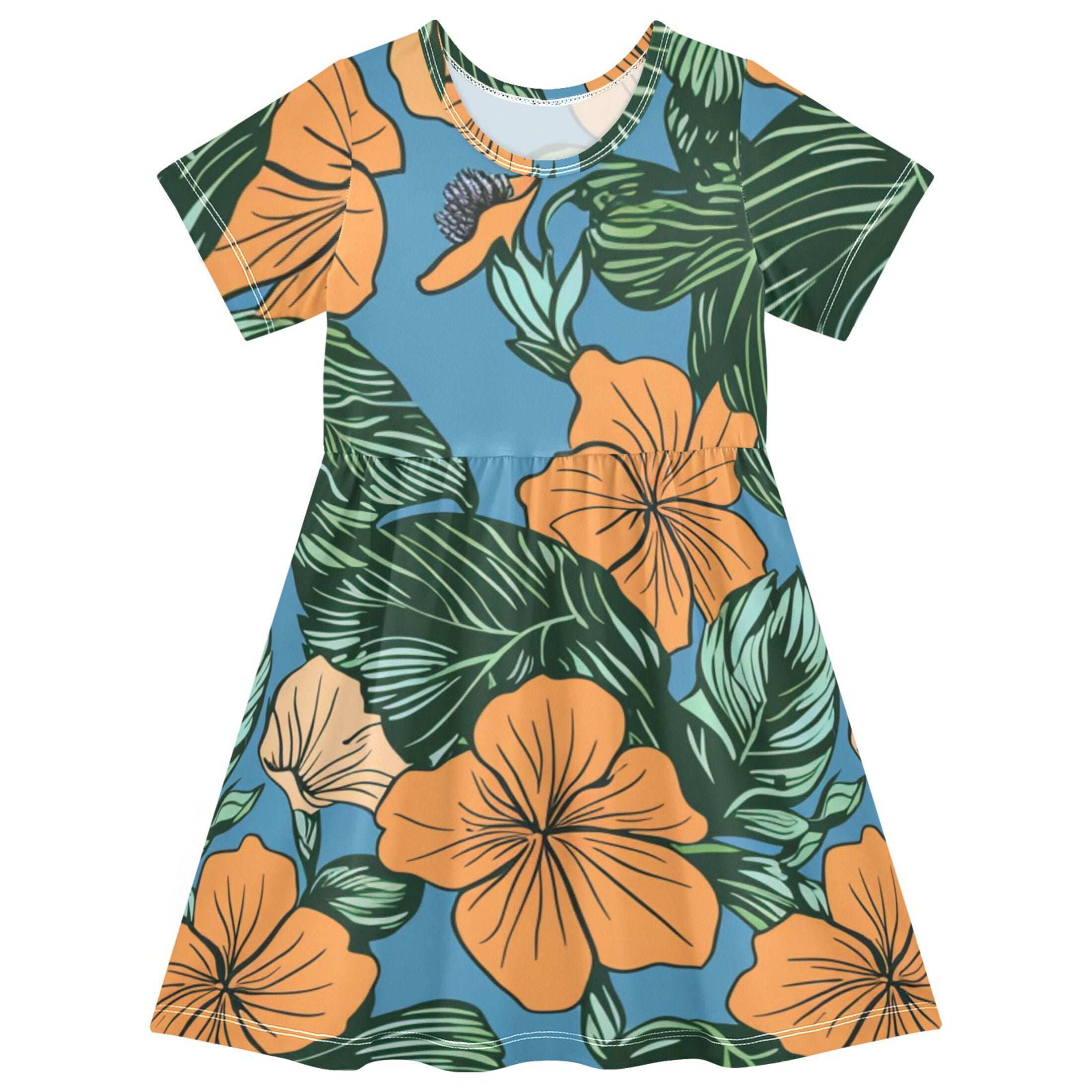 Hawaii Flowers Leaves Girls' Short Sleeve Dress A-Line One-Piece Dress UPF 50+ Quick Dry 4T ...