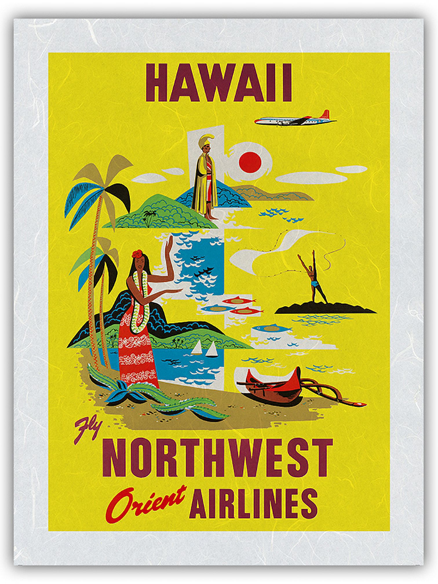 Hawaii - Fly Northwest Orient Airlines - Vintage Hawaiian Travel Poster ...