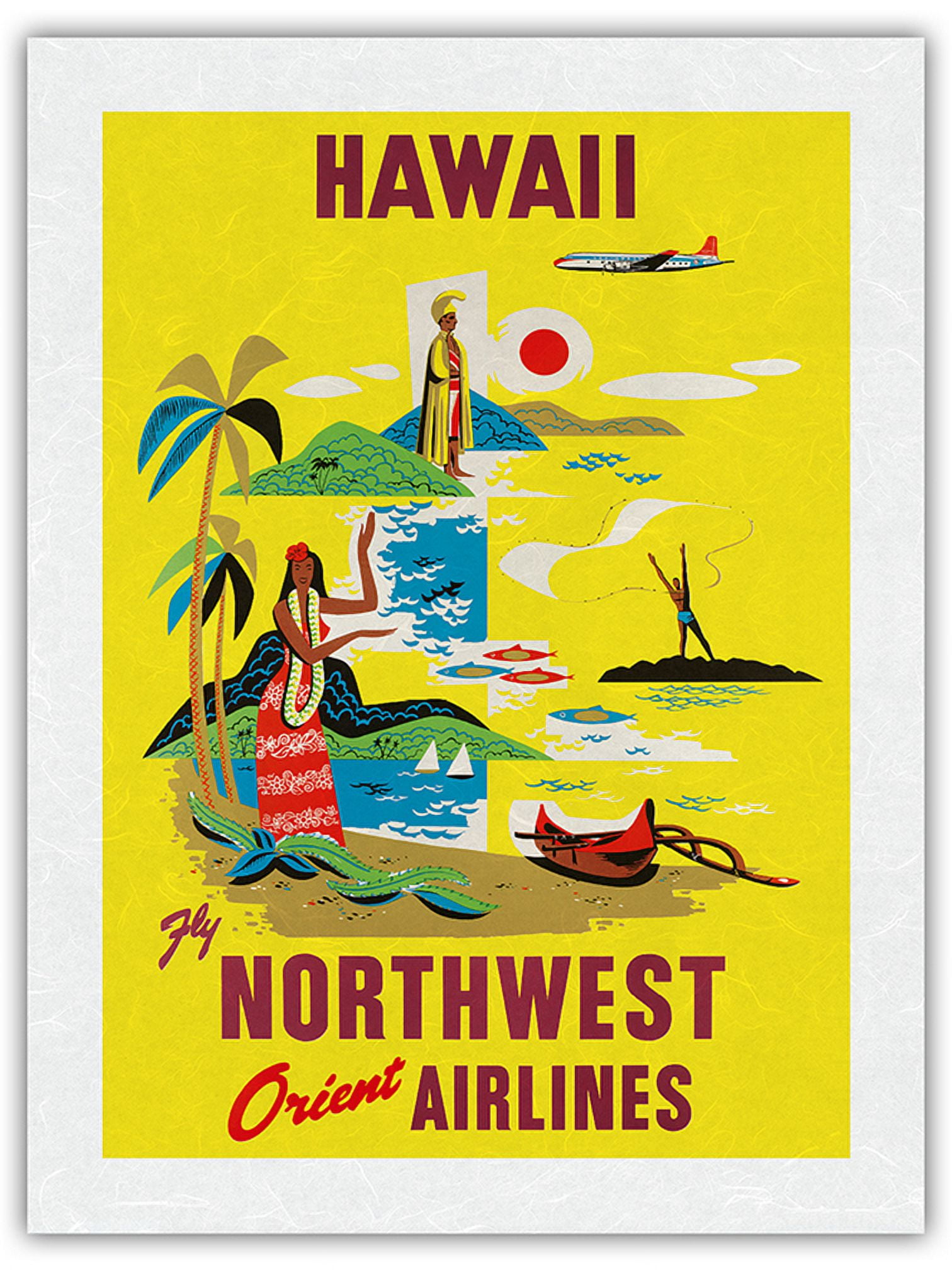 Hawaii - Fly Northwest Orient Airlines - Vintage Hawaiian Travel Poster ...