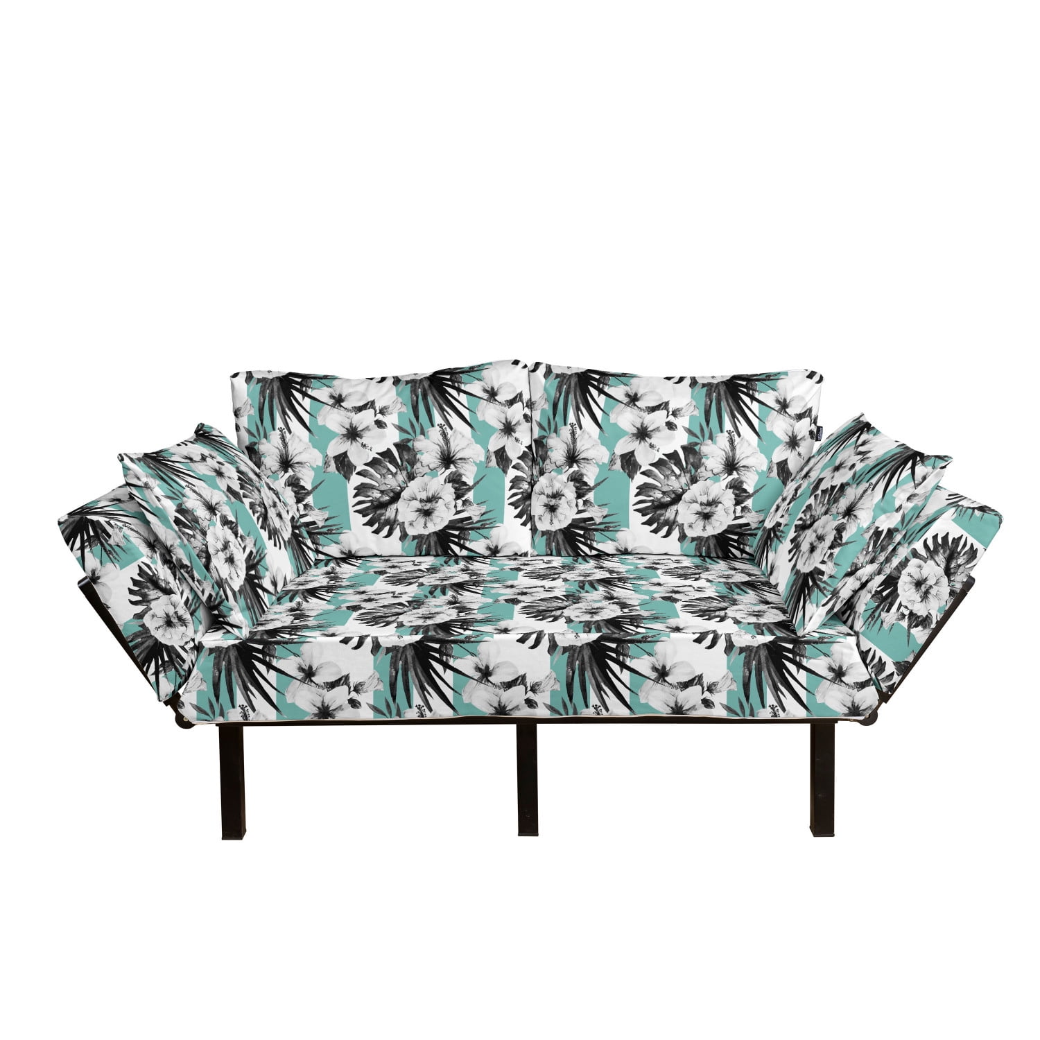 Hawaii Futon Couch, Watercolor Hibiscus Composition on Striped ...