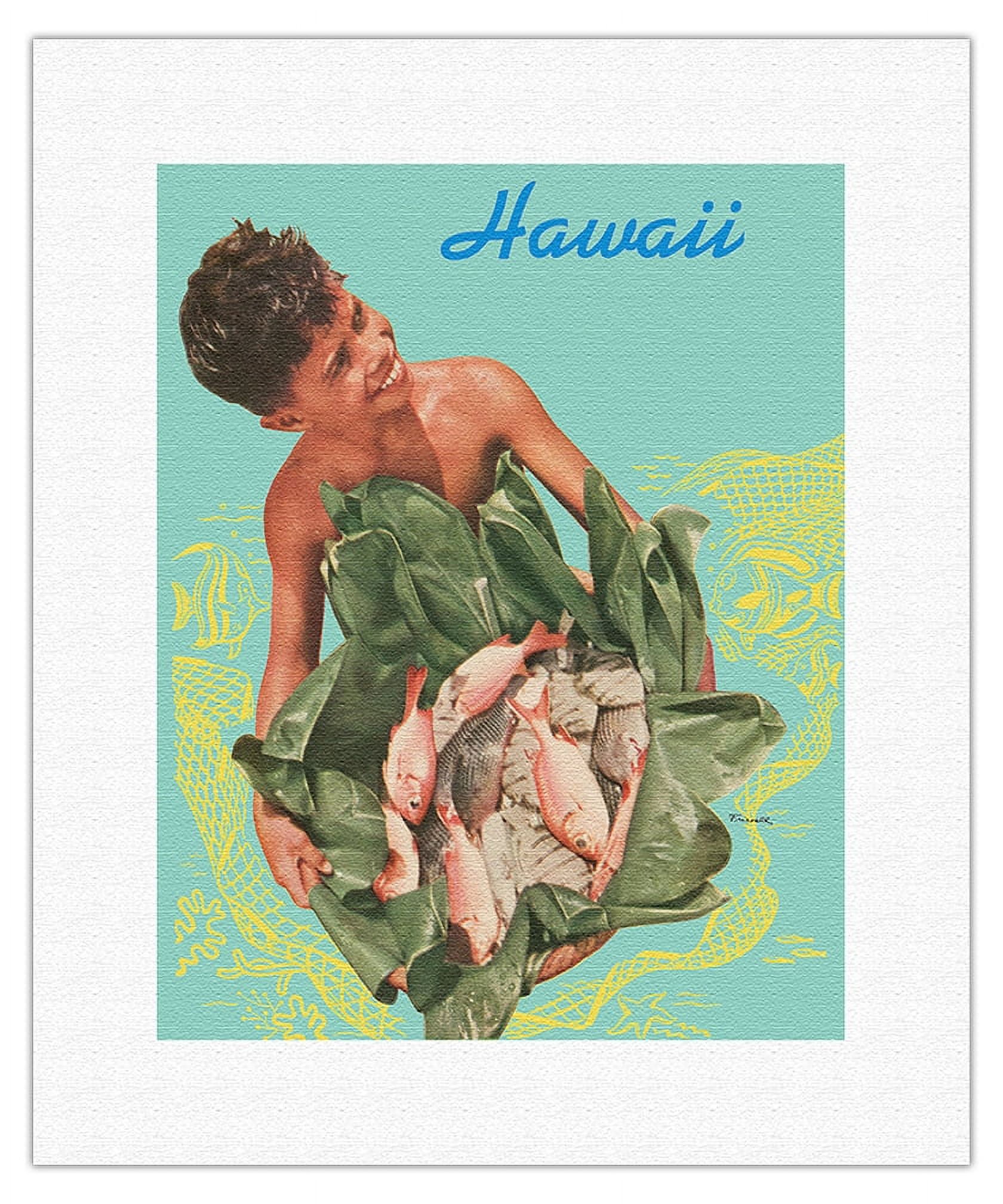 Hawaii - Hawaiian Boy with Fish in Ti Leaves - Vintage Travel Poster by ...