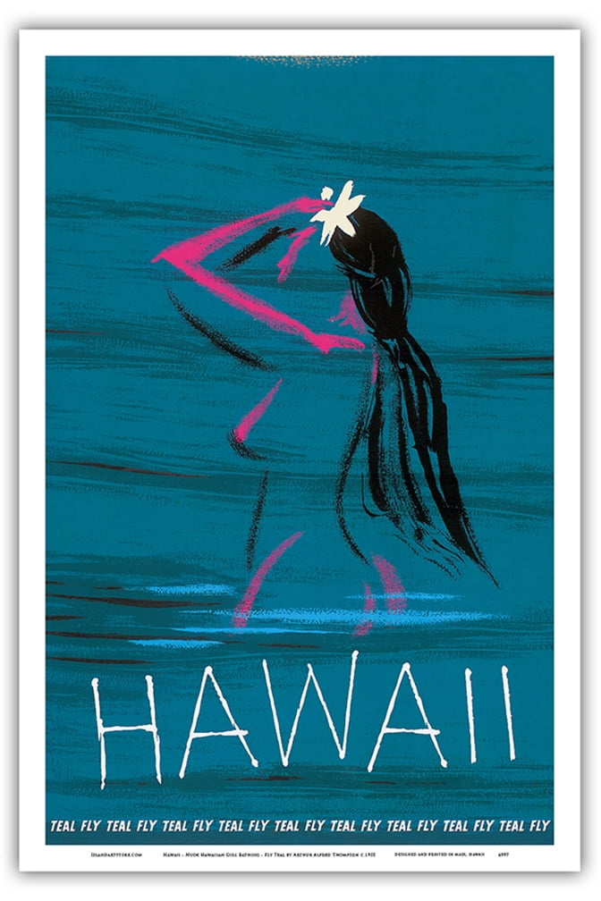 Hawaii - Hawaiian Girl Bathing - Fly Teal (Tasman Empire Airways ...