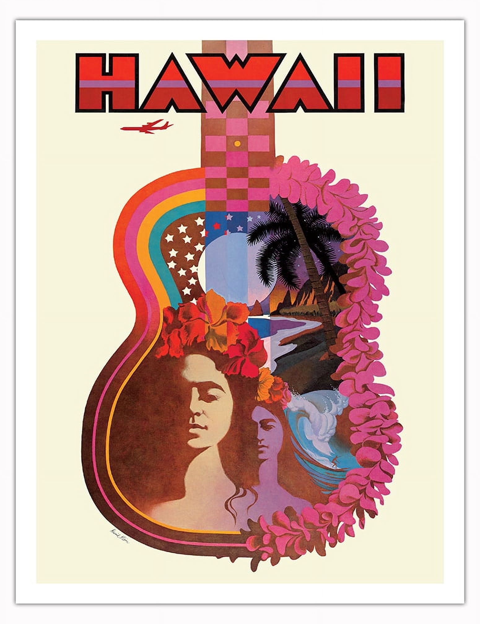 Hawaii - Hawaiian Ukulele Psychedelic Flower Power Art - Vintage Travel ...