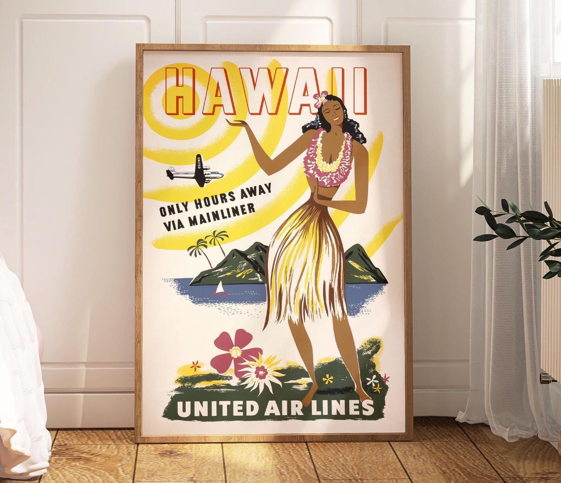 Hawaii Hula Girl Retro Travel Poster, United Airlines Vintage Print ...
