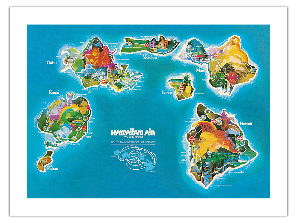 Hawaii Islands Route Map - Hawaiian Air Lines - Vintage Airline Travel ...