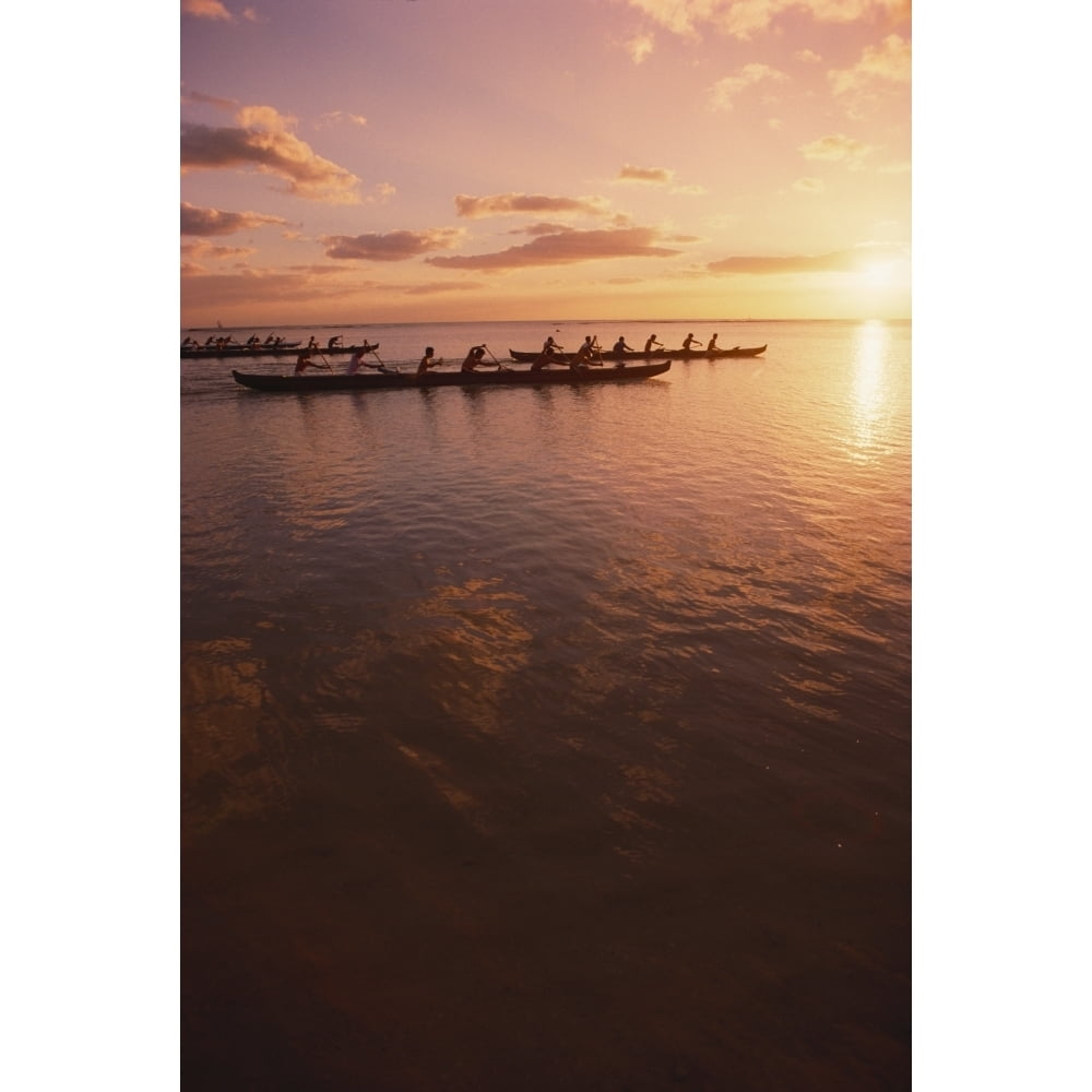 Hawaii Outrigger Canoe And Paddlers Silhouetted Pink Sunset And Ocean Reflections Poster Print ...