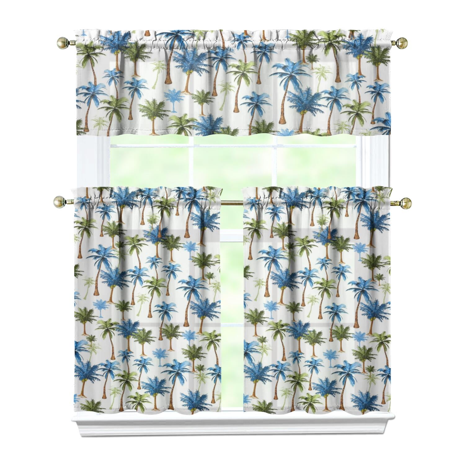 Hawaii Palm Tree Kitchen Curtains Set, Rod Pocket Tier and Valance ...