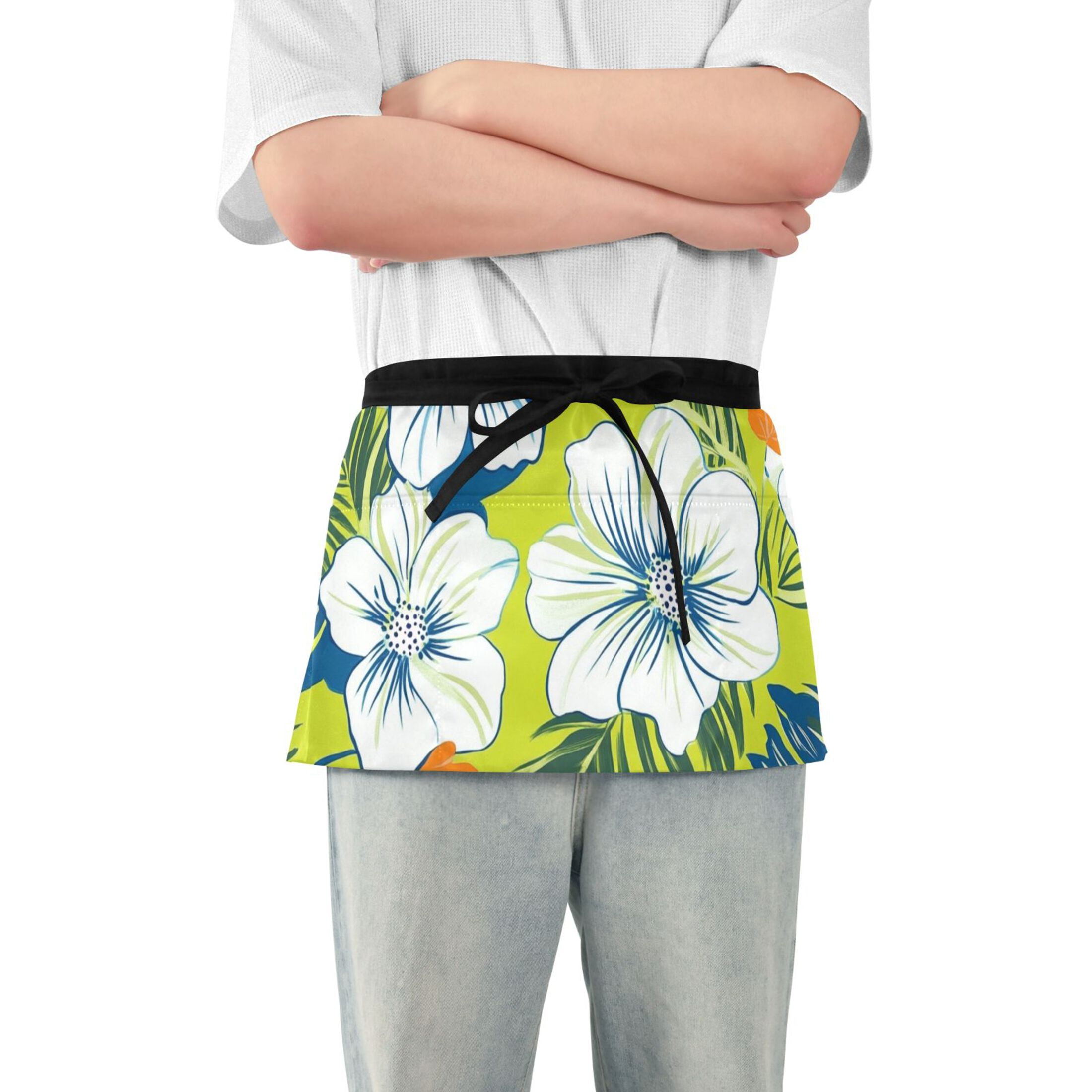 Hawaii Pattern White Blue Tropical Florals Short Server Apron with 3 ...