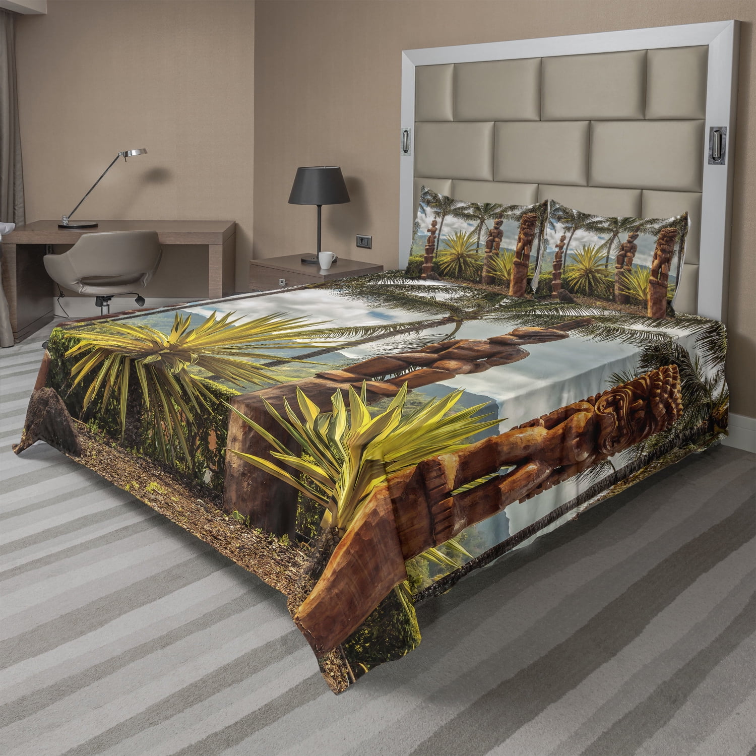 Ambesonne Hawaii Fitted & Top Sheet Set with Shams, Tiki and Palm Trees ...