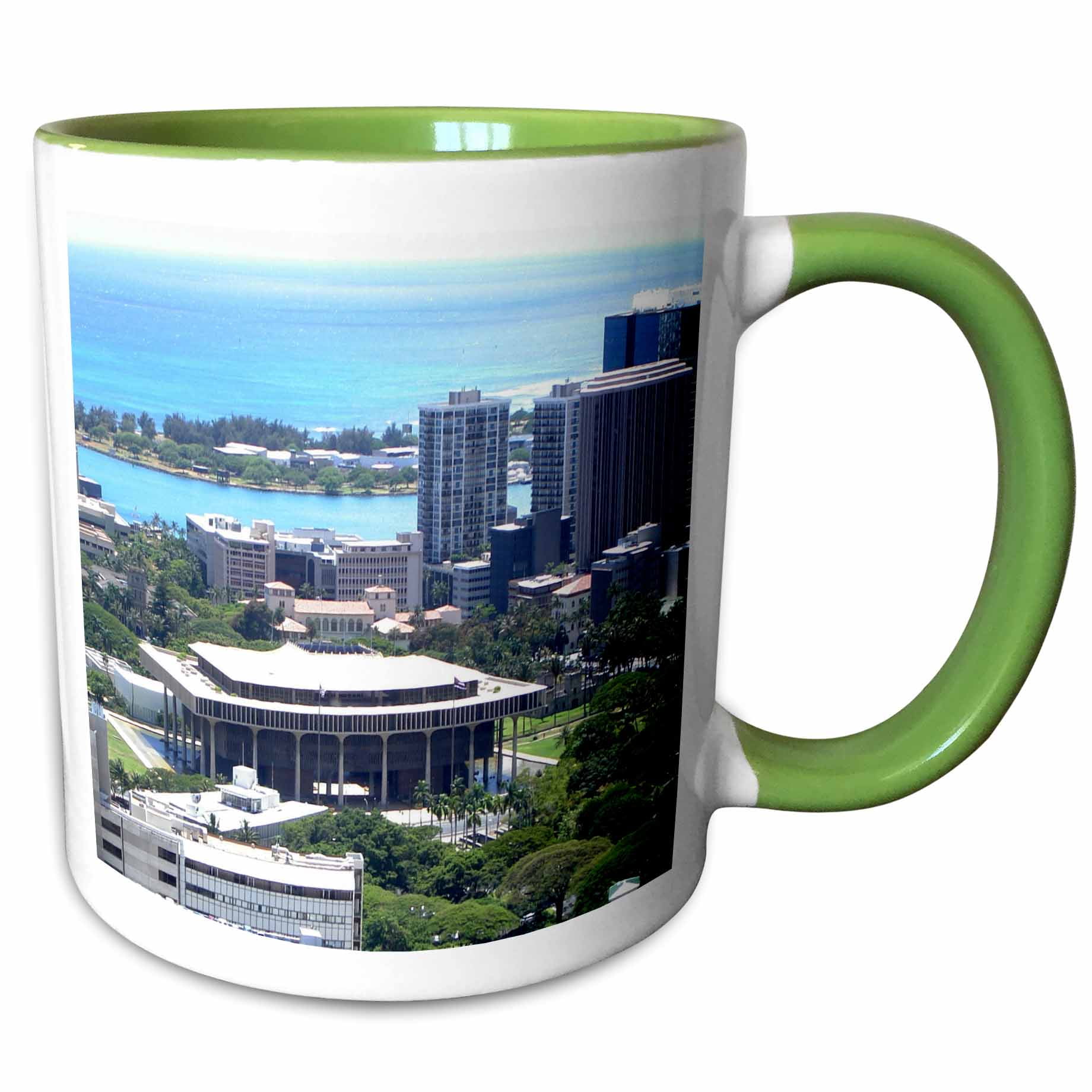 3drose, Hawaii State Capitol and Downtown, 15oz Two-tone Green Mug ...